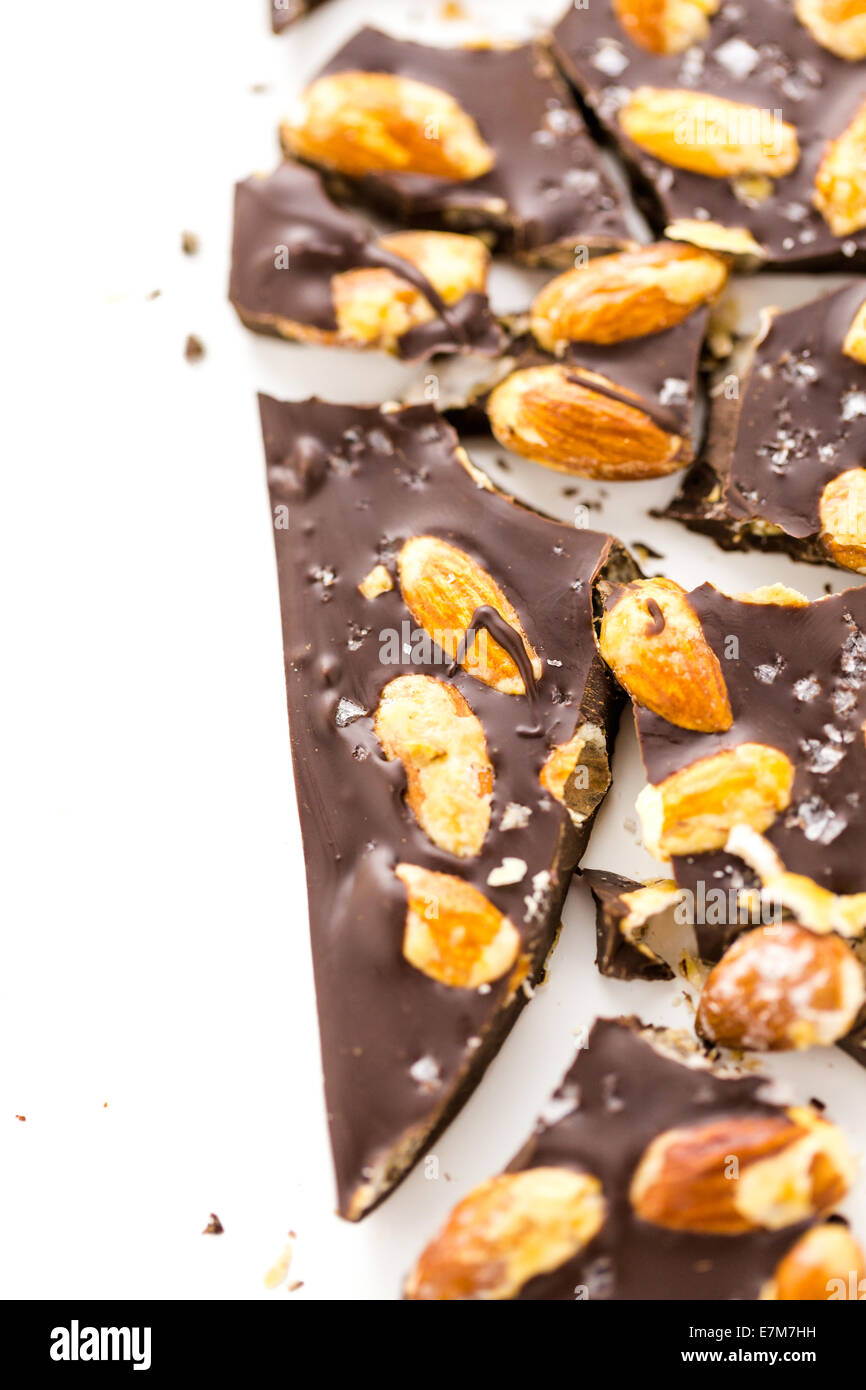 Gourmet almighty almond chocolate bar with sea salt on a white ...