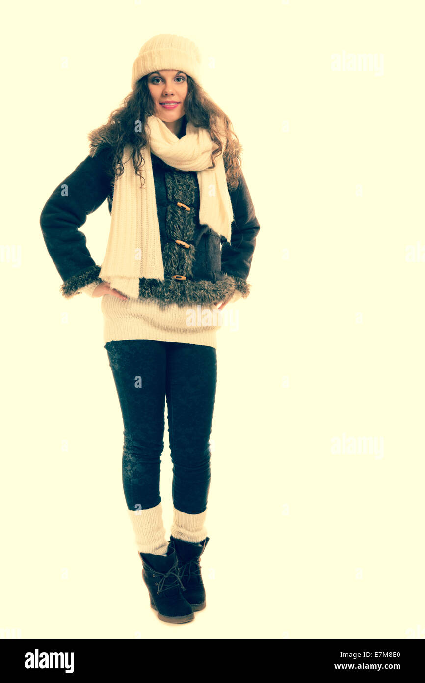 winter fashion beautiful woman in warm clothing full length vintage ...