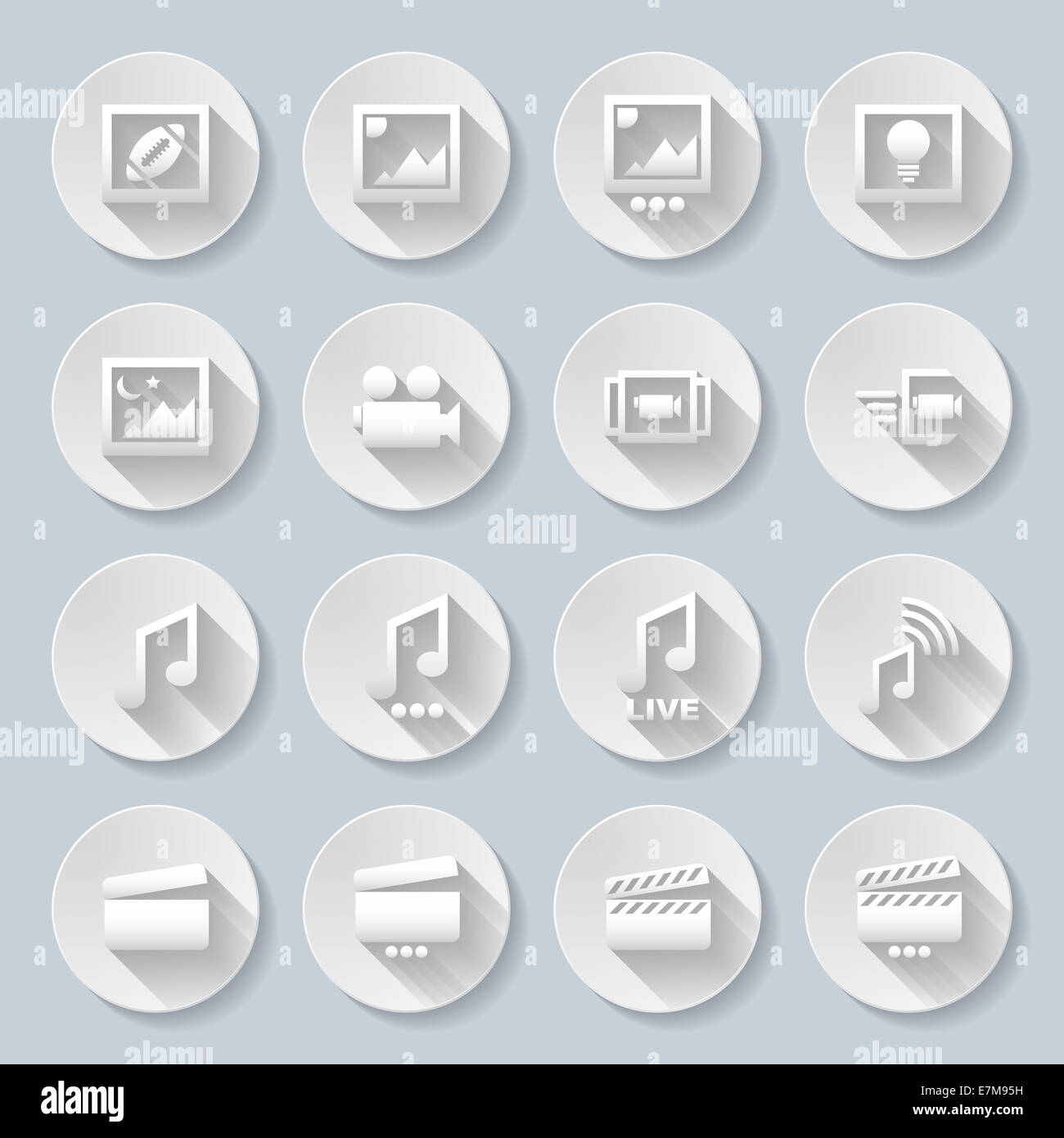 Set of flat round media icons on the gray background Stock Photo - Alamy