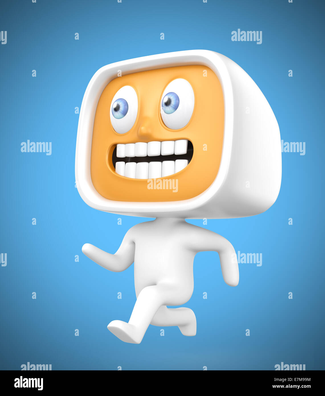 Cute TV-man running on blue background Stock Photo - Alamy