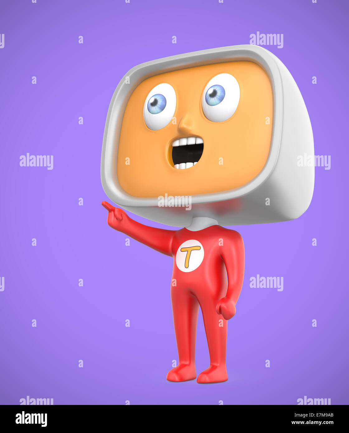 Curious TV-man point toward on purple background Stock Photo - Alamy