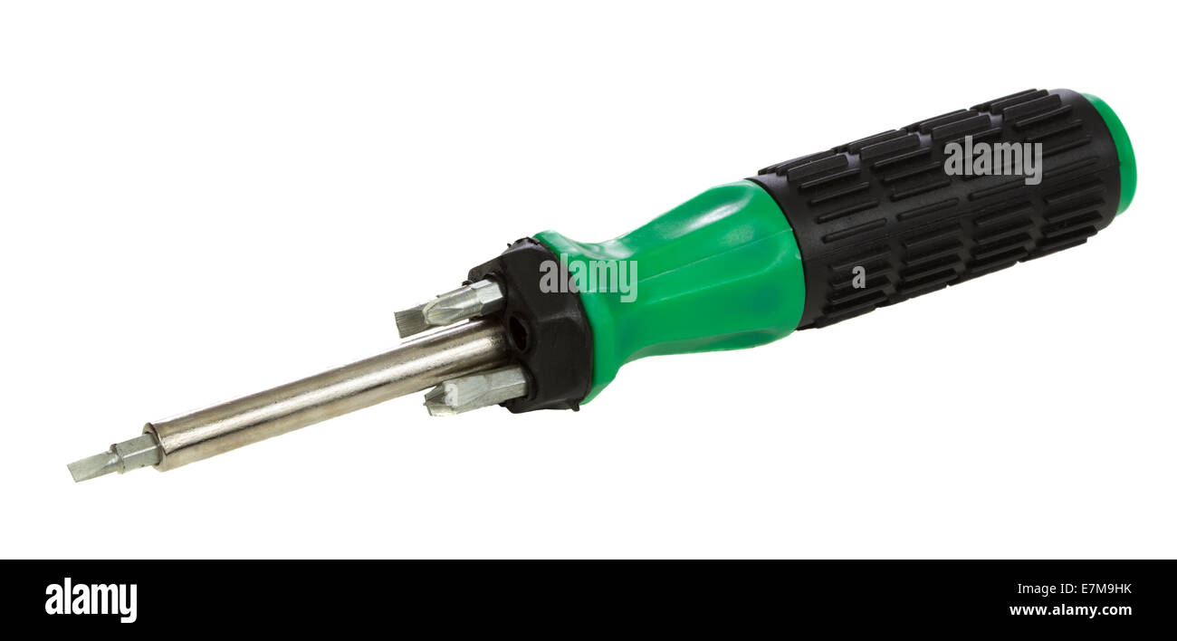 universal screwdriver with set of bits on white background Stock Photo ...