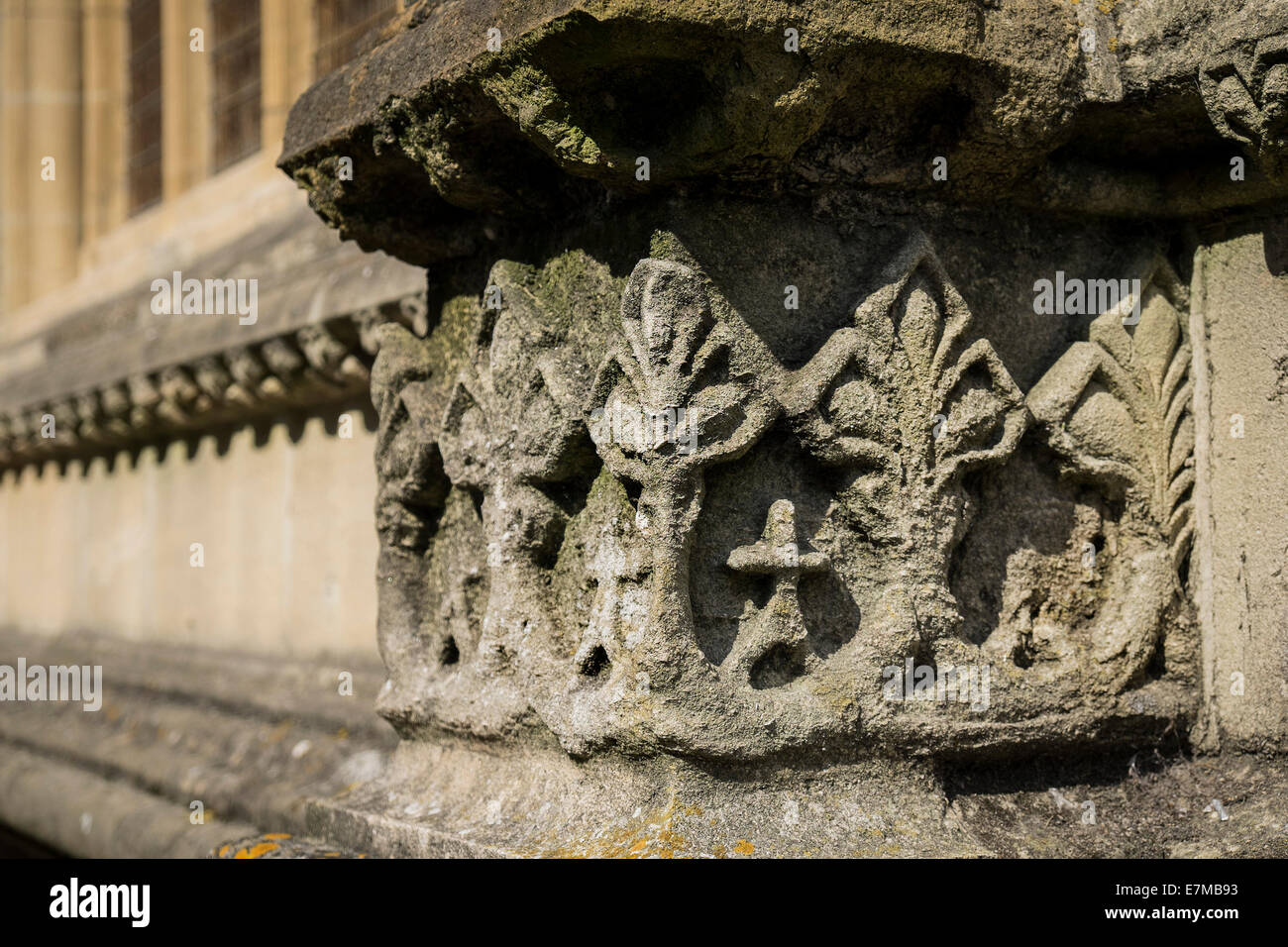 Close up detail of erosion damage to stone carving on the facade of ...
