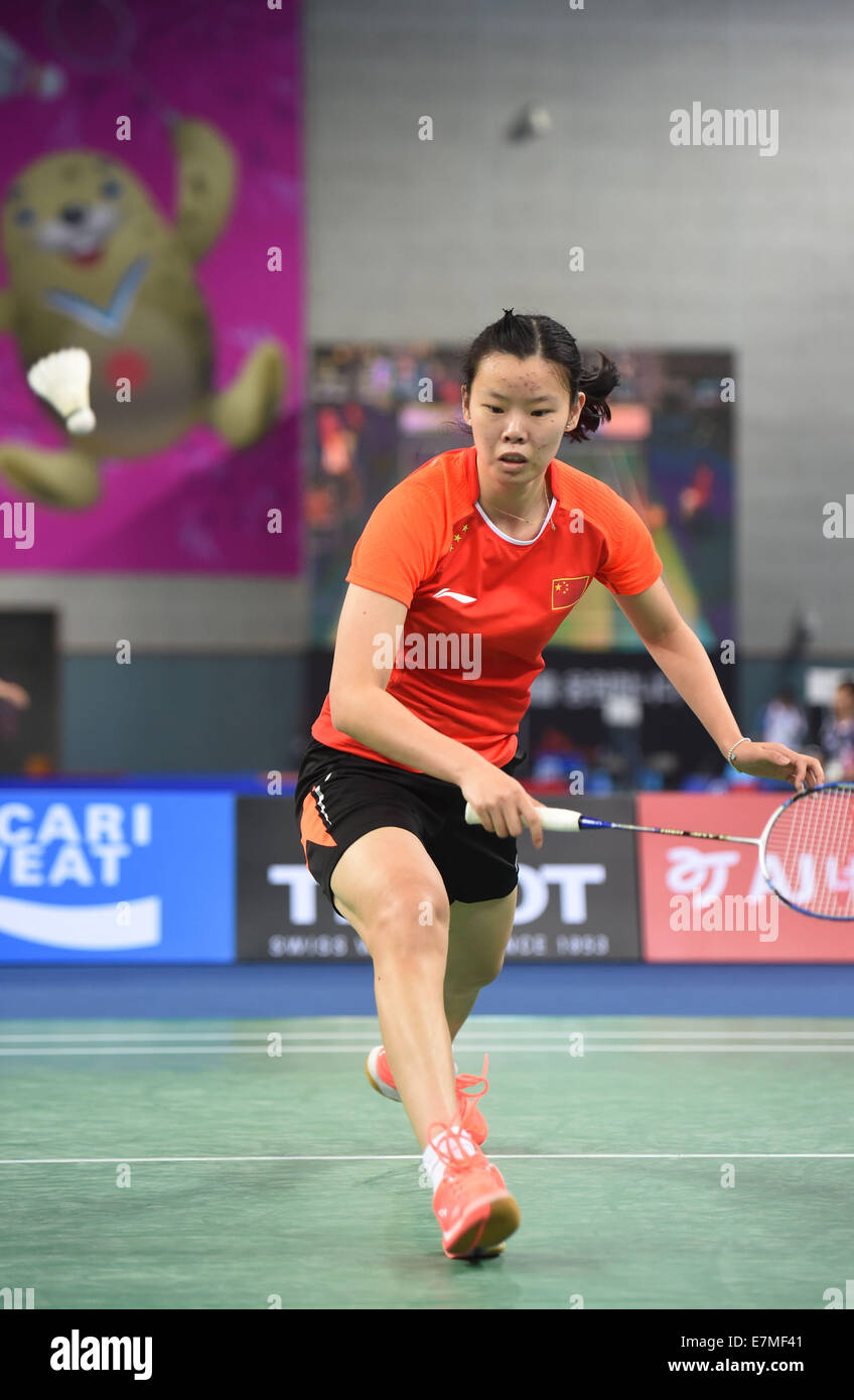 Incheon, South Korea. 21st Sep, 2014. Li Xuerui of China returns the ...