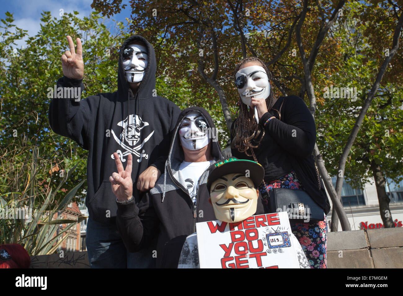 'Anonymous' Masked Family Group, placards and banners at the Frack Free ...