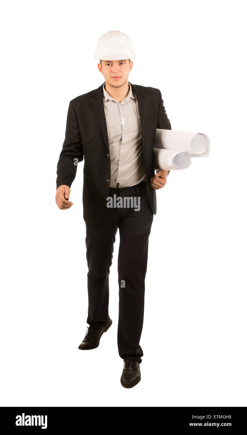 Good Looking Engineer in Black Attire and White Helmet Holding Building ...