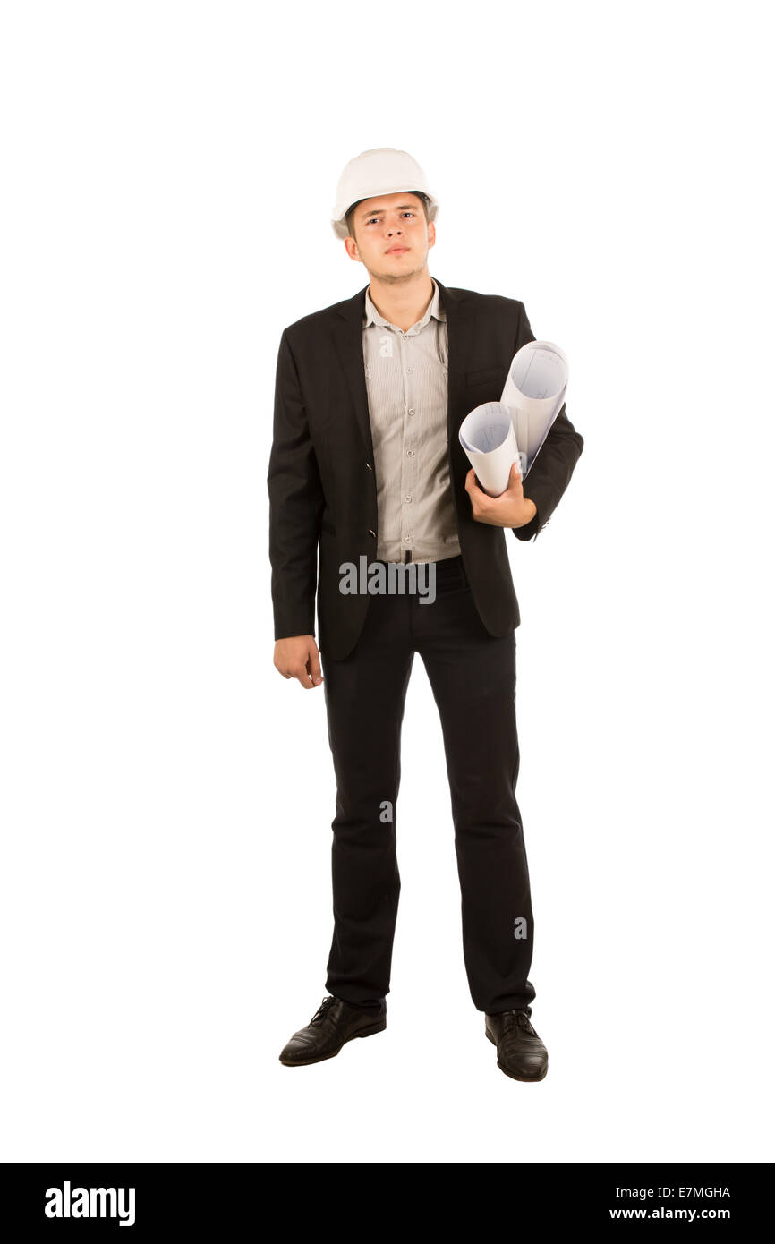 Young Male Engineer in Black Suit and White Helmet Carrying Building ...