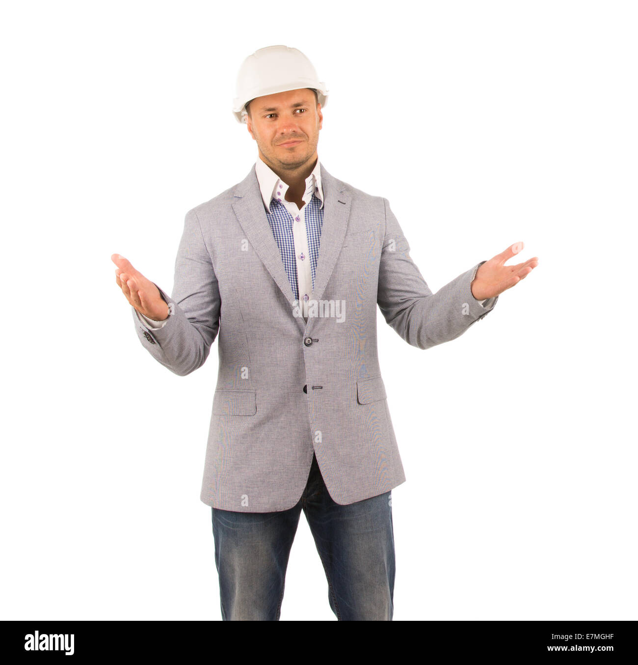 Open Armed with Palm Facing Up Middle Age Engineer in Gray Coat and ...