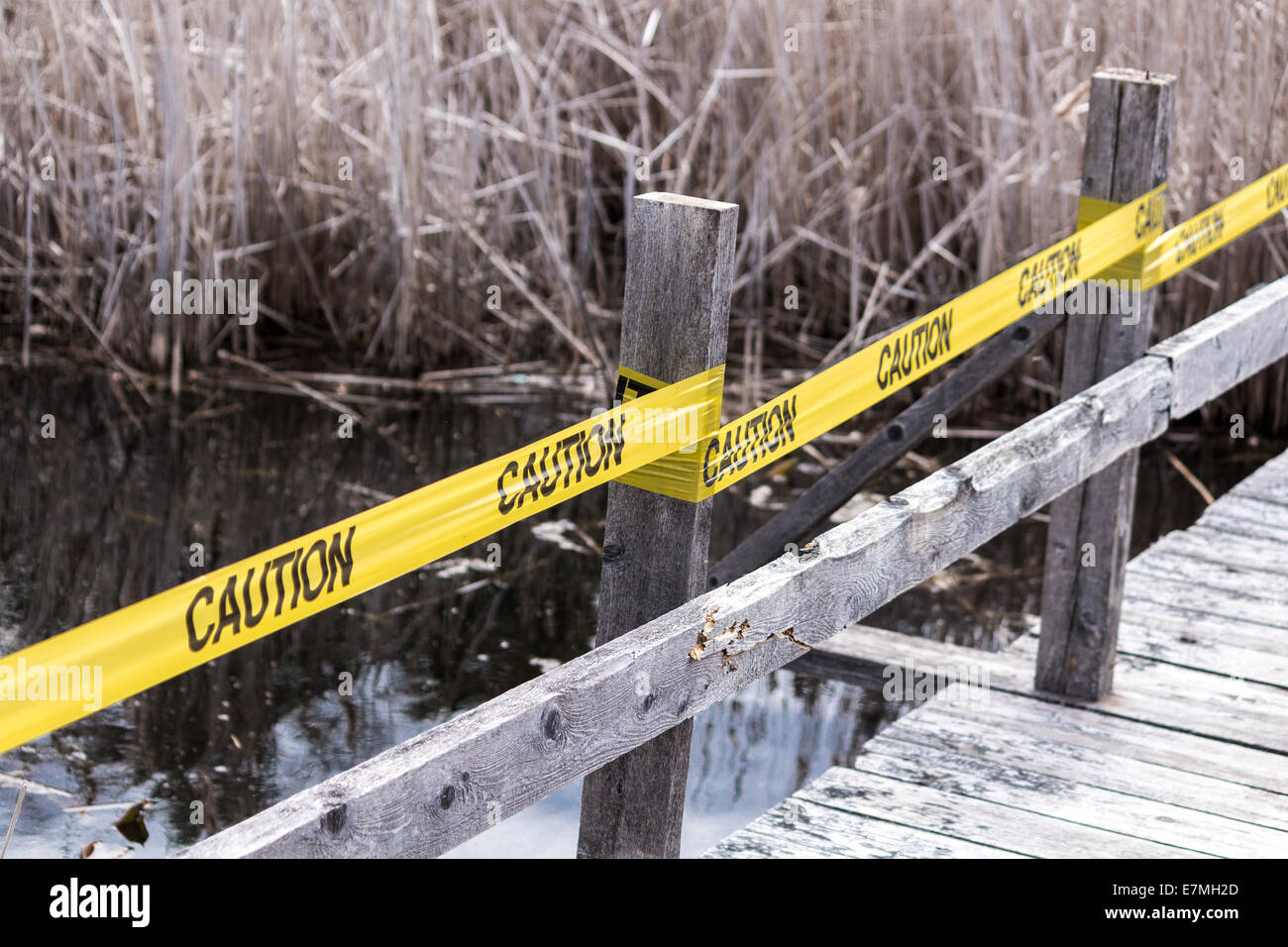 Caution tape around posts on walkway over water in a wetland swamp ...