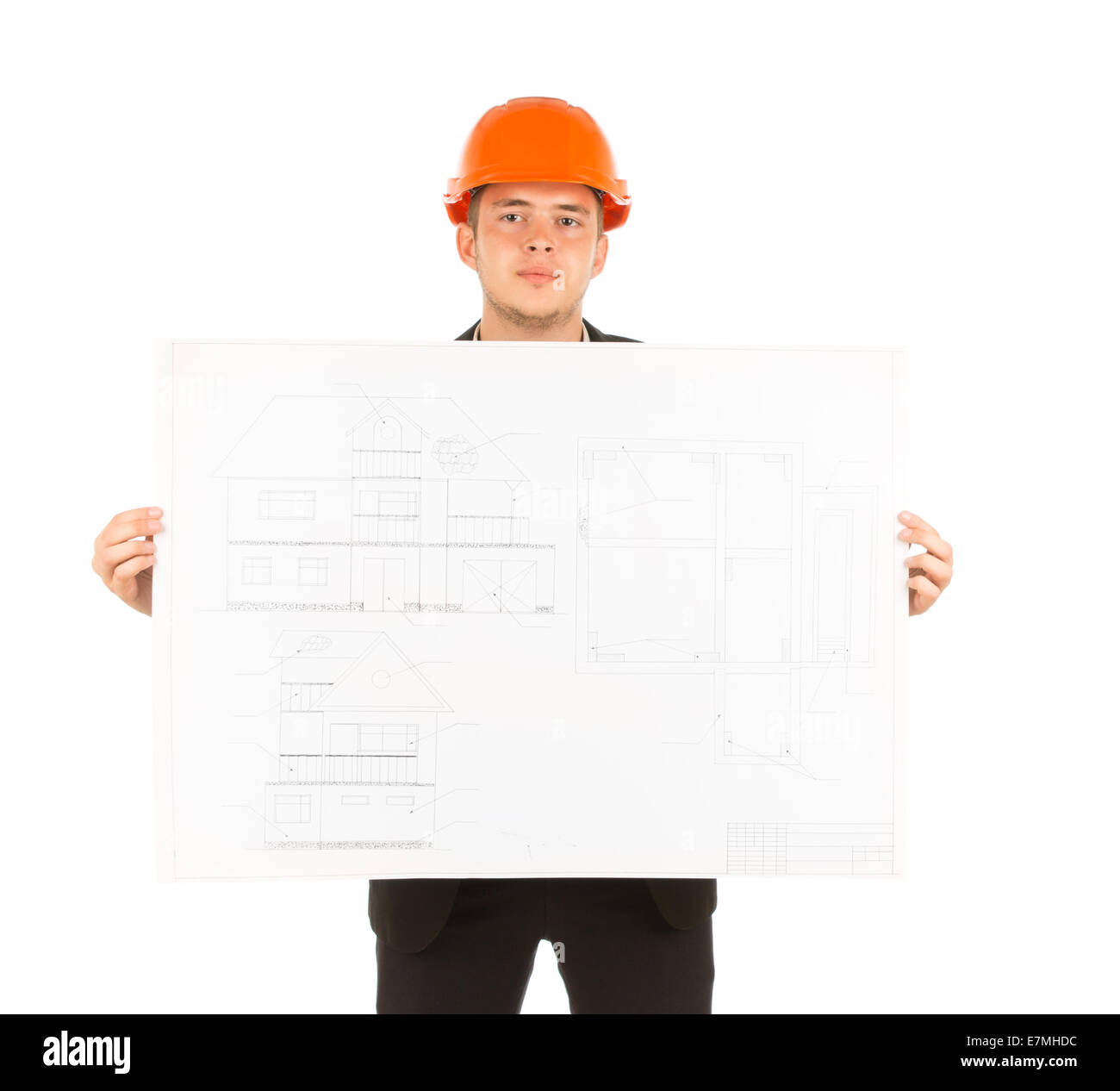 Close up Young Male Engineer in Orange Head Protector Showing Building ...