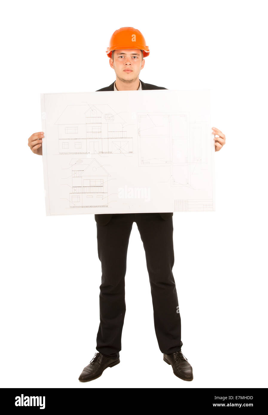 Middle Age Male Engineer Presenting Building Blueprint Design on White ...