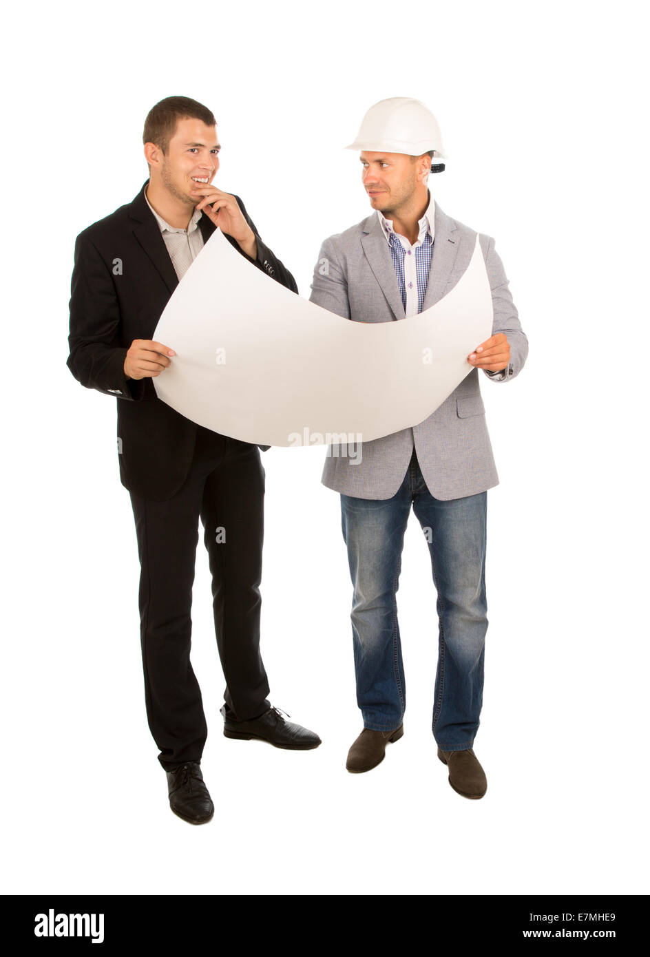 Engineer in Gray Coat and White Helmet and Client in Black Attire ...