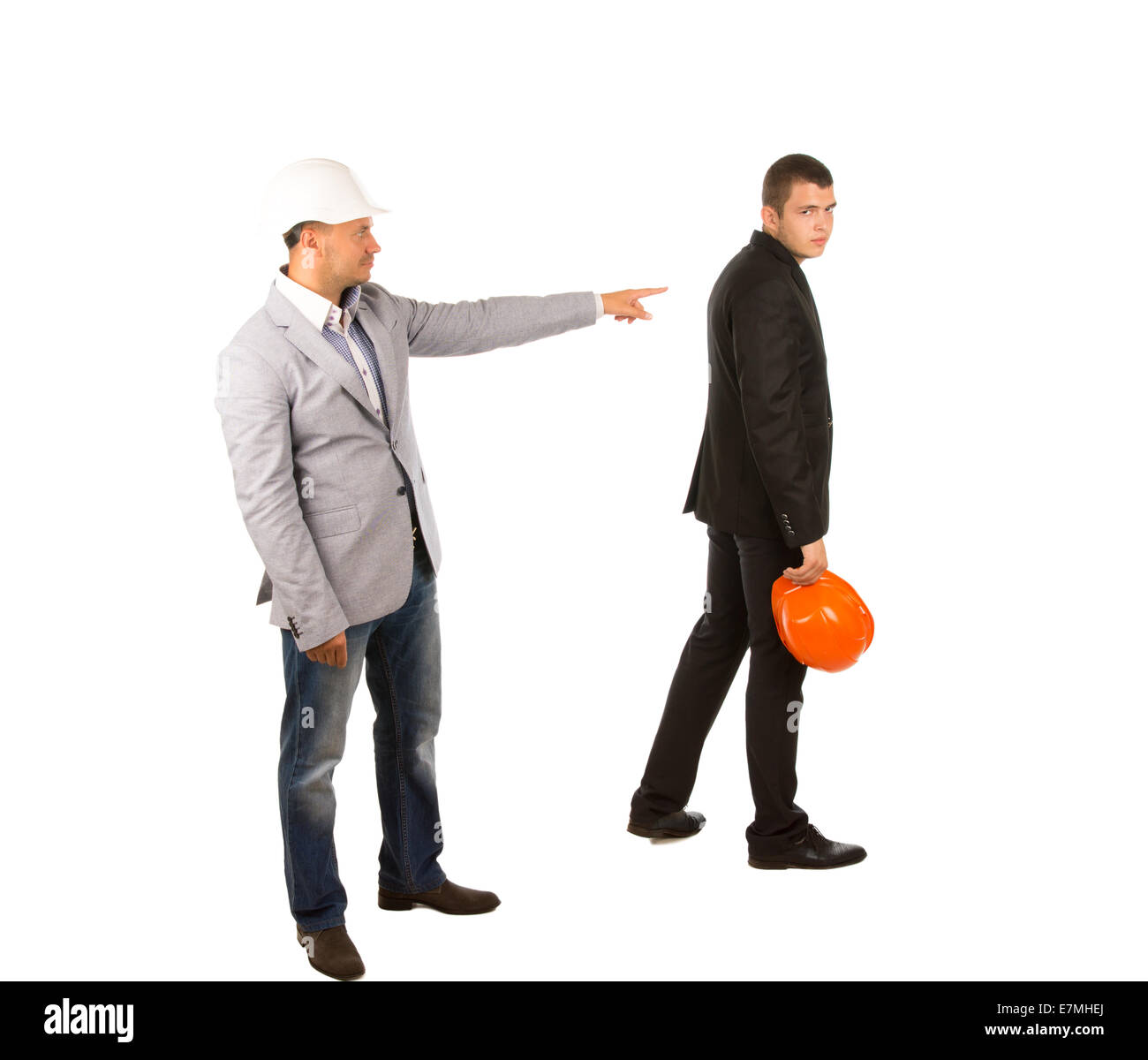 Middle Age Engineer in Gray Coat Pointing his Co-Engineer Wearing Black ...