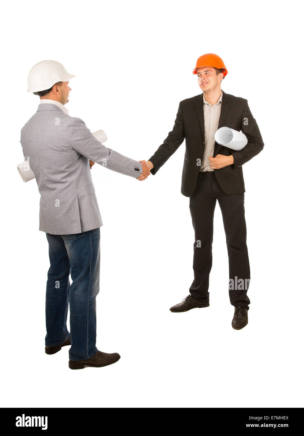 Two Male Young Engineers Shaking Hands Isolated on White Background ...