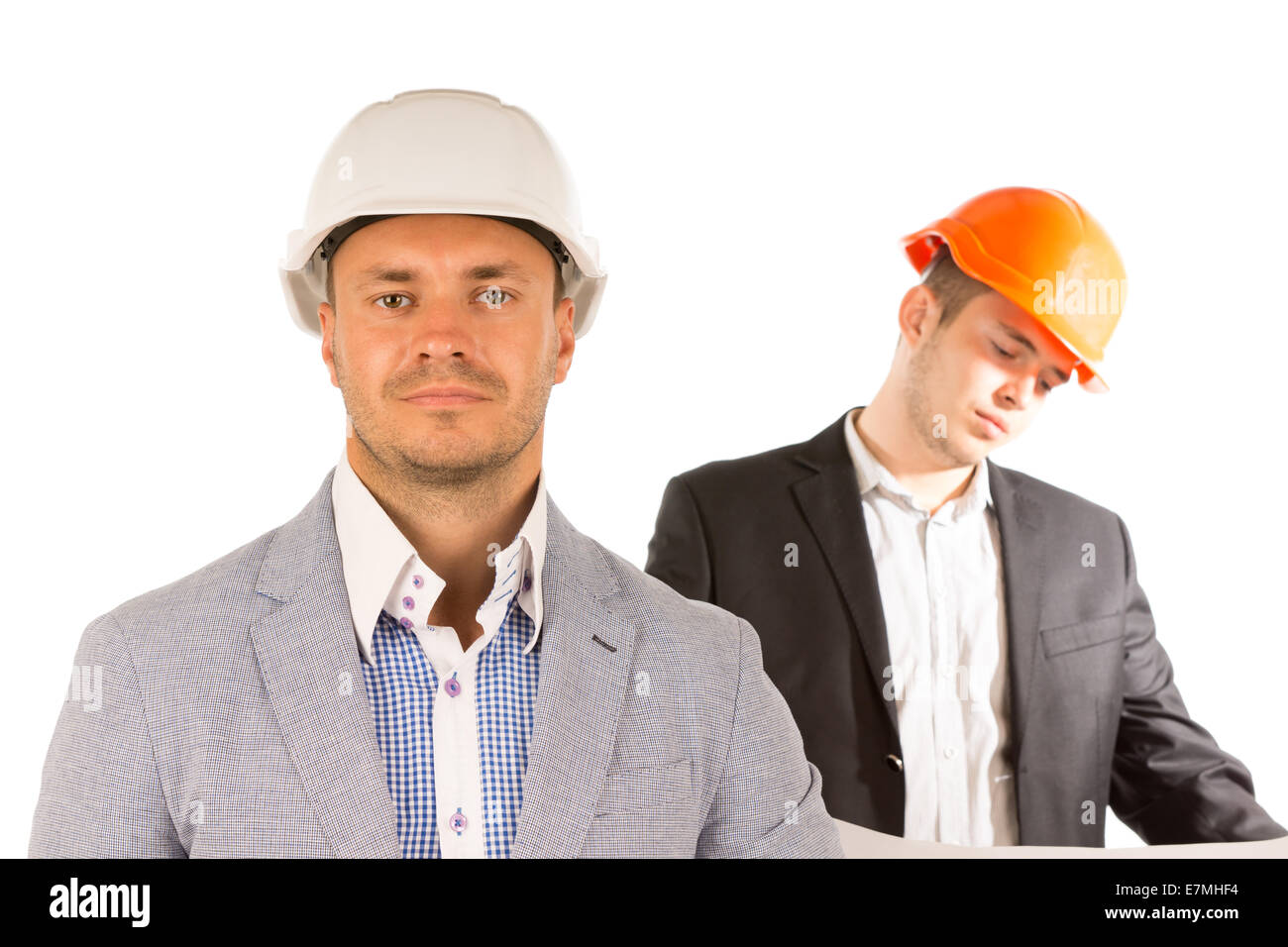 Close up Handsome Male Engineers in White and Orange Helmets Isolated ...