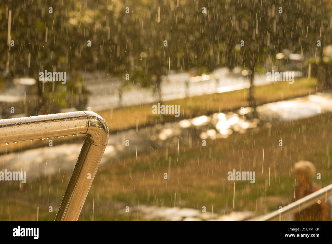 View from a balcony of a park through pouring rain with focus to the ...