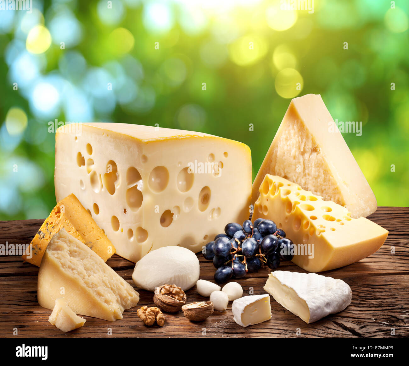 Different types of cheese over old wooden table with green nature ...
