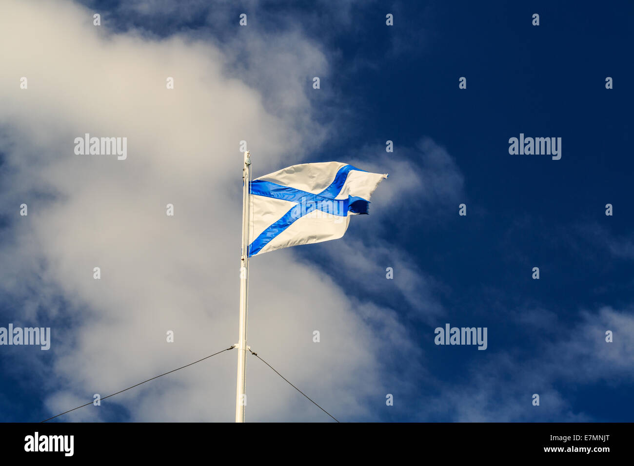 St Andrew's flag on the flagpole waving in the wind against a blue sky ...