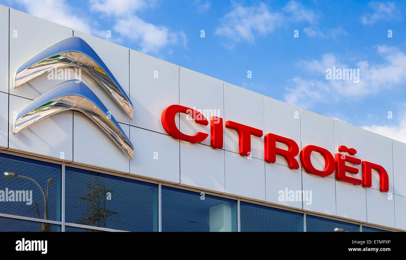 Citroen dealership sign against blue sky. Citroen is a major French ...