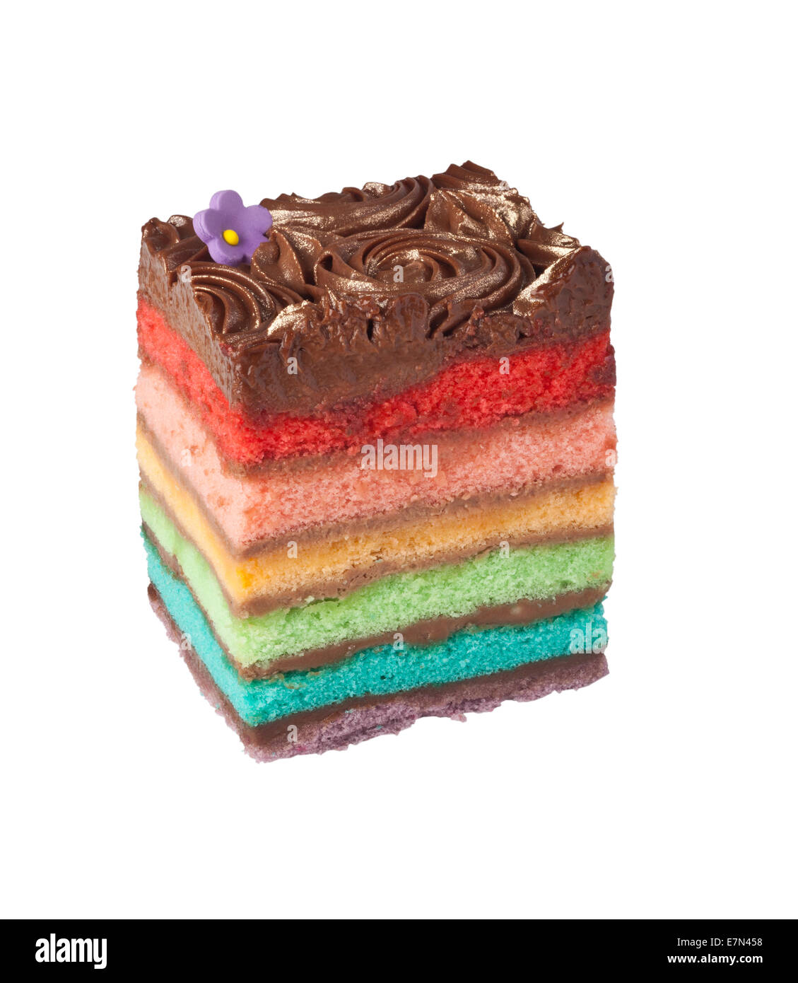 Slice of chocolate rainbow cake isolated on white background Stock ...