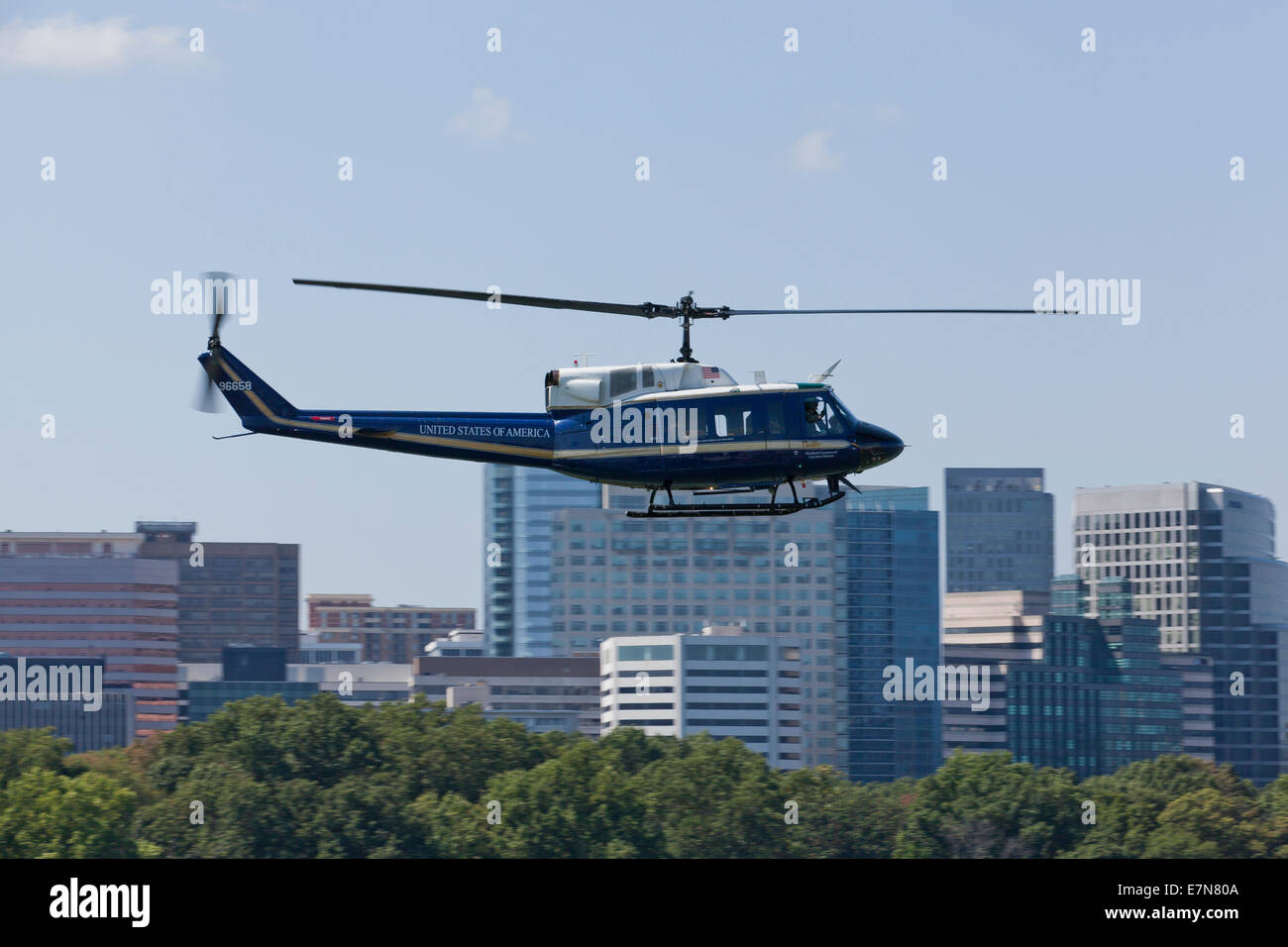 USAF Space Command Bell UH-1N Twin Huey helicopter flying low ...