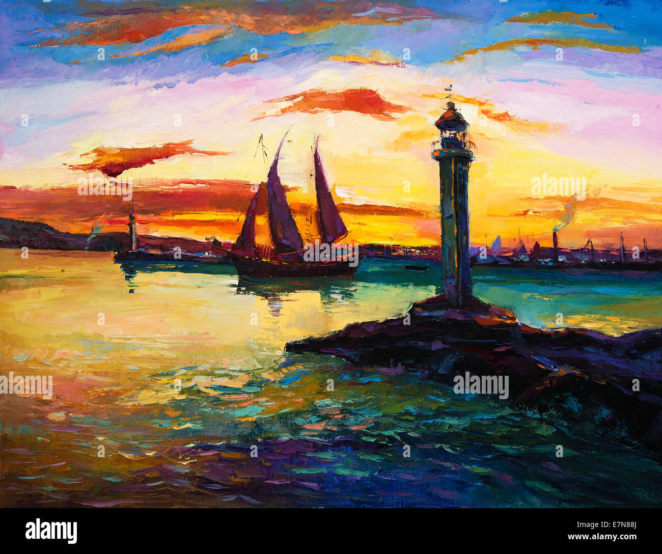 Ship Sunset Painting Oil