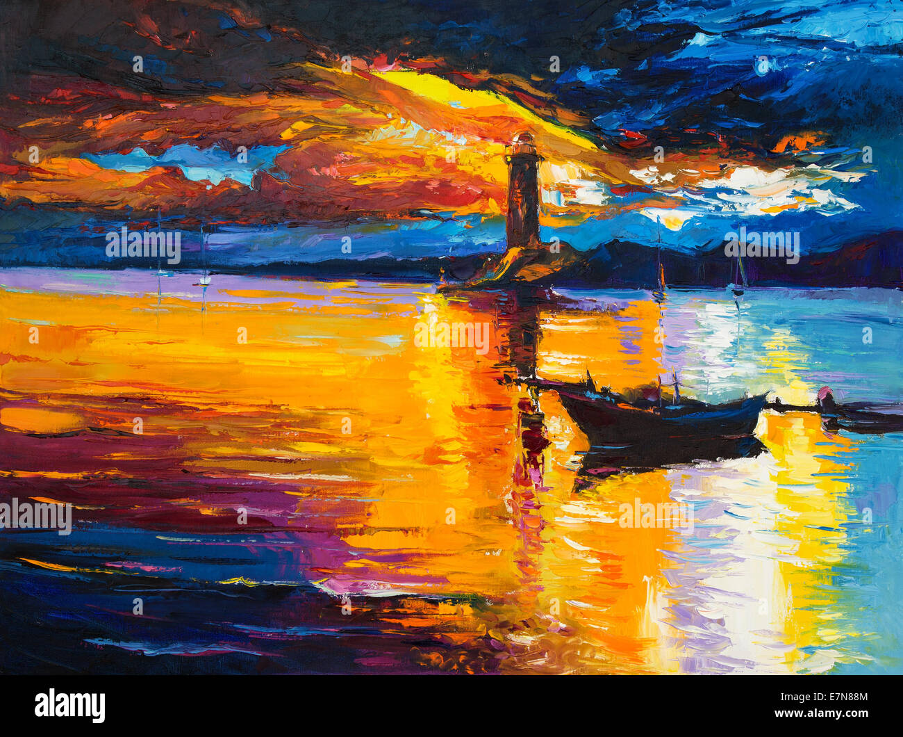 Original oil painting of lighthouse and boats on canvas.Rich golden ...