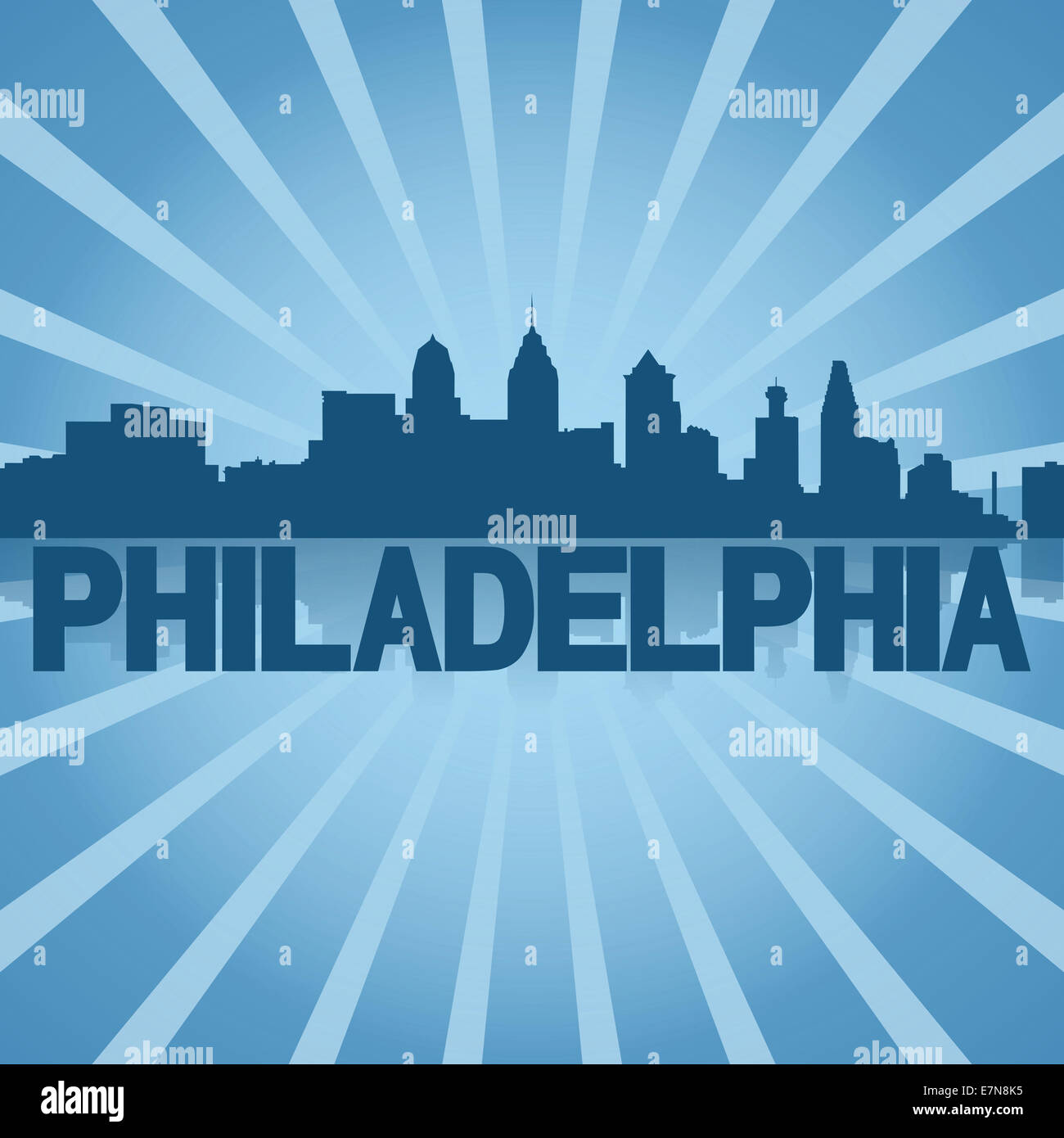 Philadelphia skyline reflected with blue sunburst illustration Stock ...