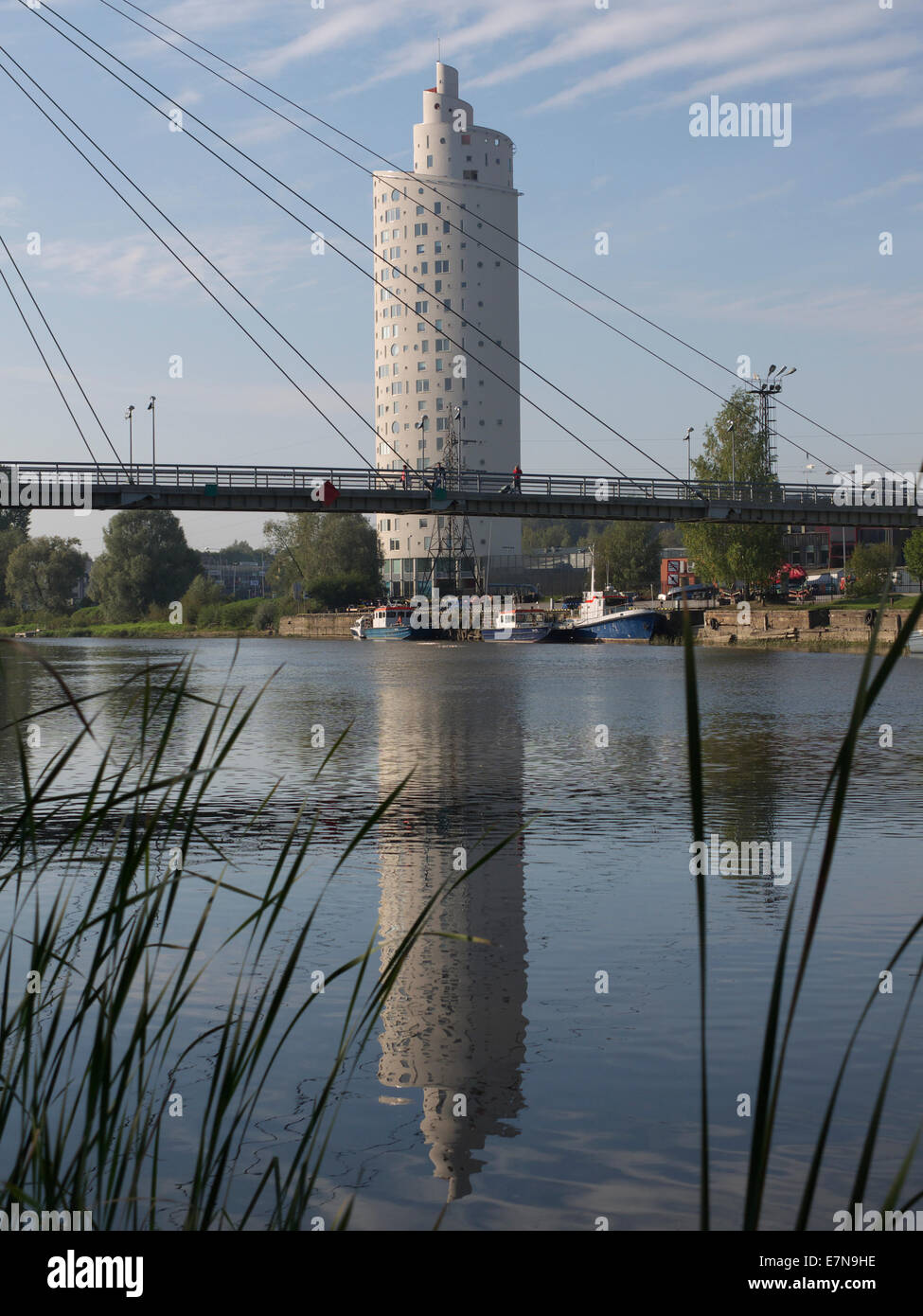 Footbridge and Snail-Tower (Tigutorn) seen over river Emajõgi, Tartu ...