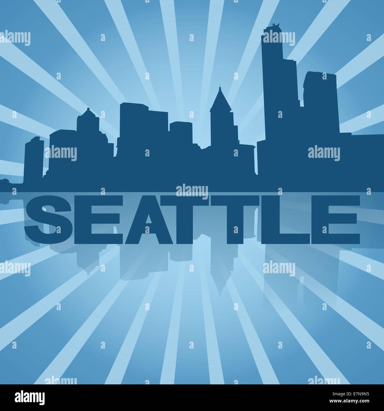 Seattle skyline reflected with blue sunburst illustration Stock Photo ...