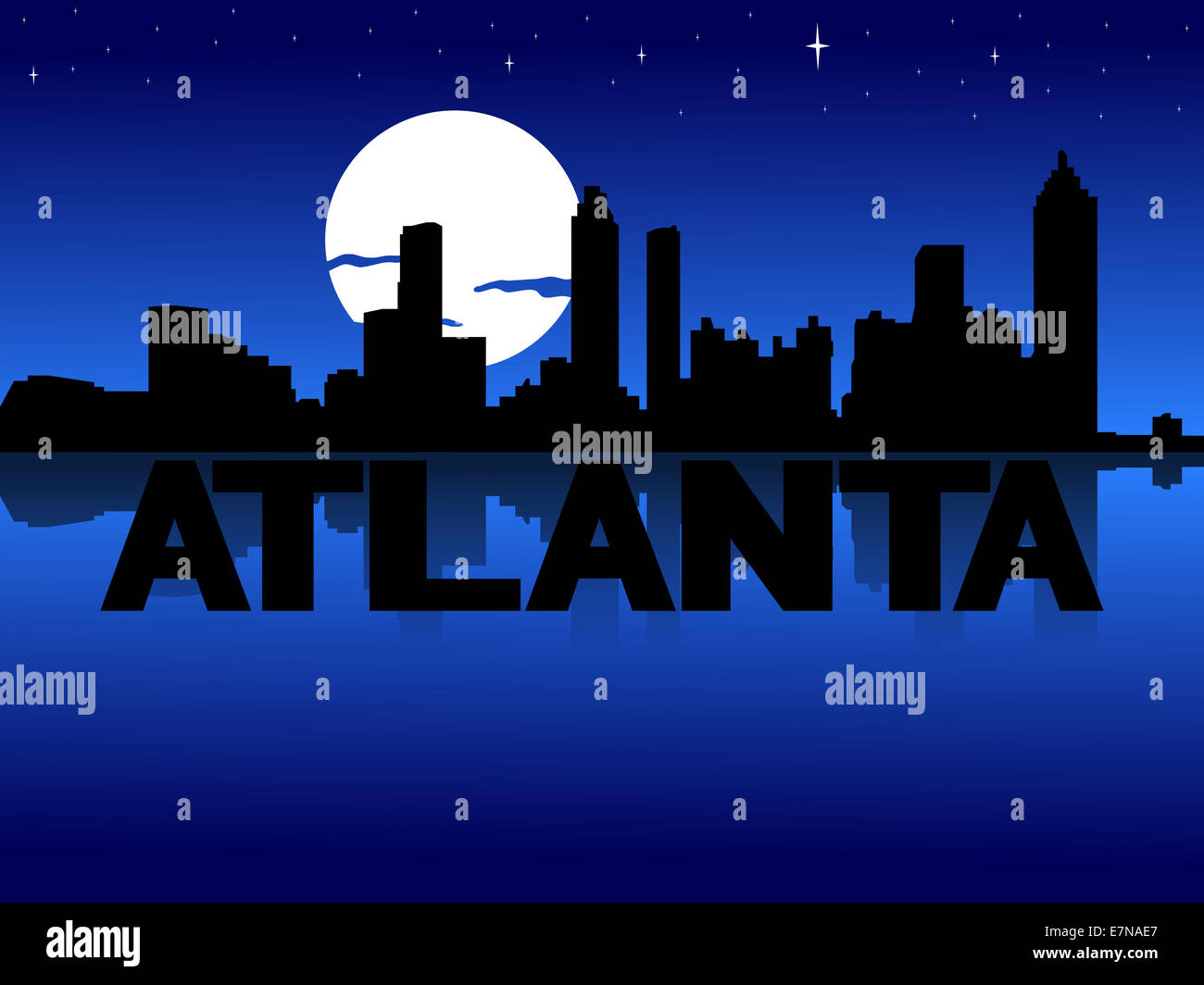 Atlanta skyline reflected with text and moon illustration Stock Photo ...