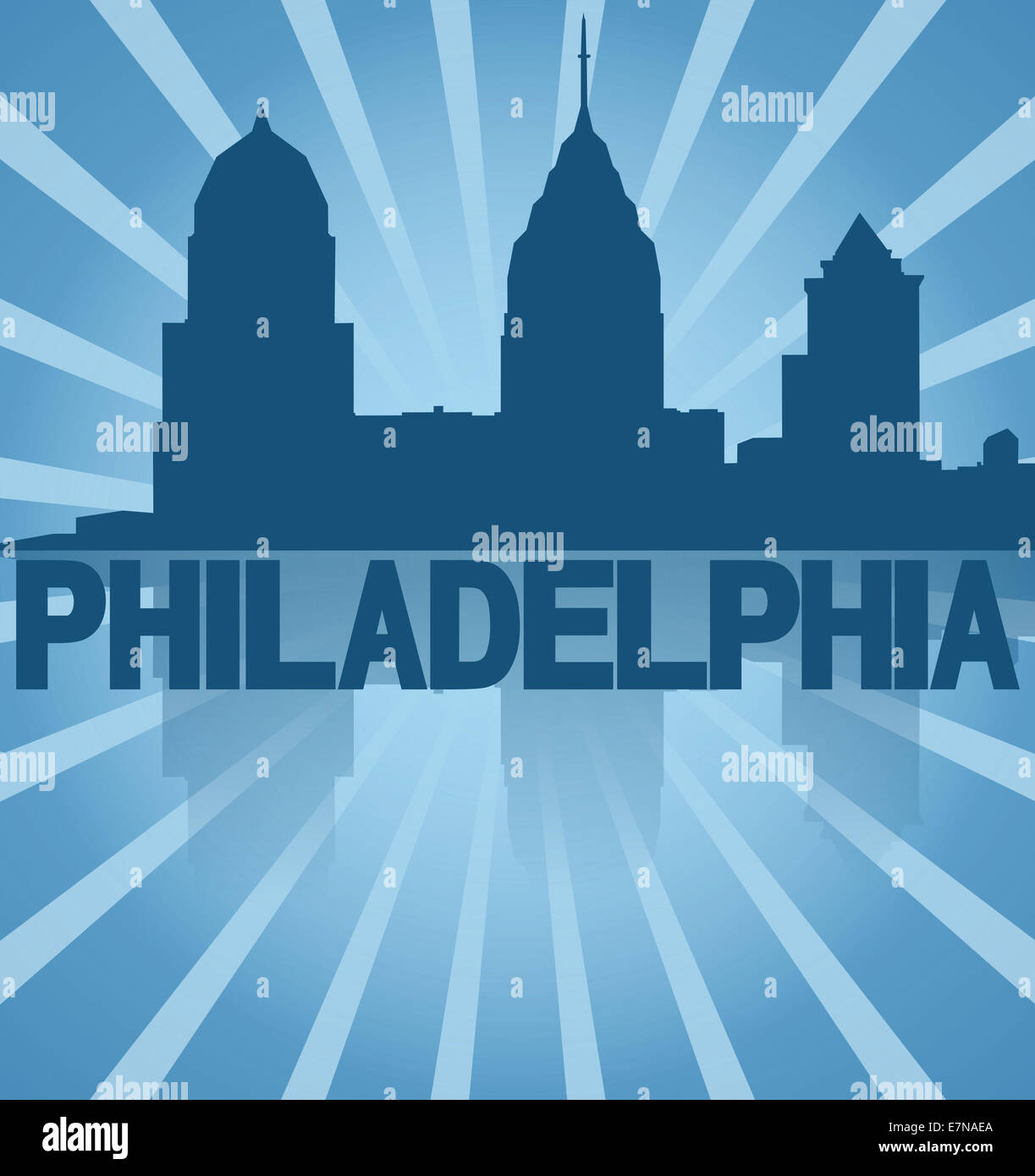 Philadelphia skyline reflected with blue sunburst illustration Stock ...