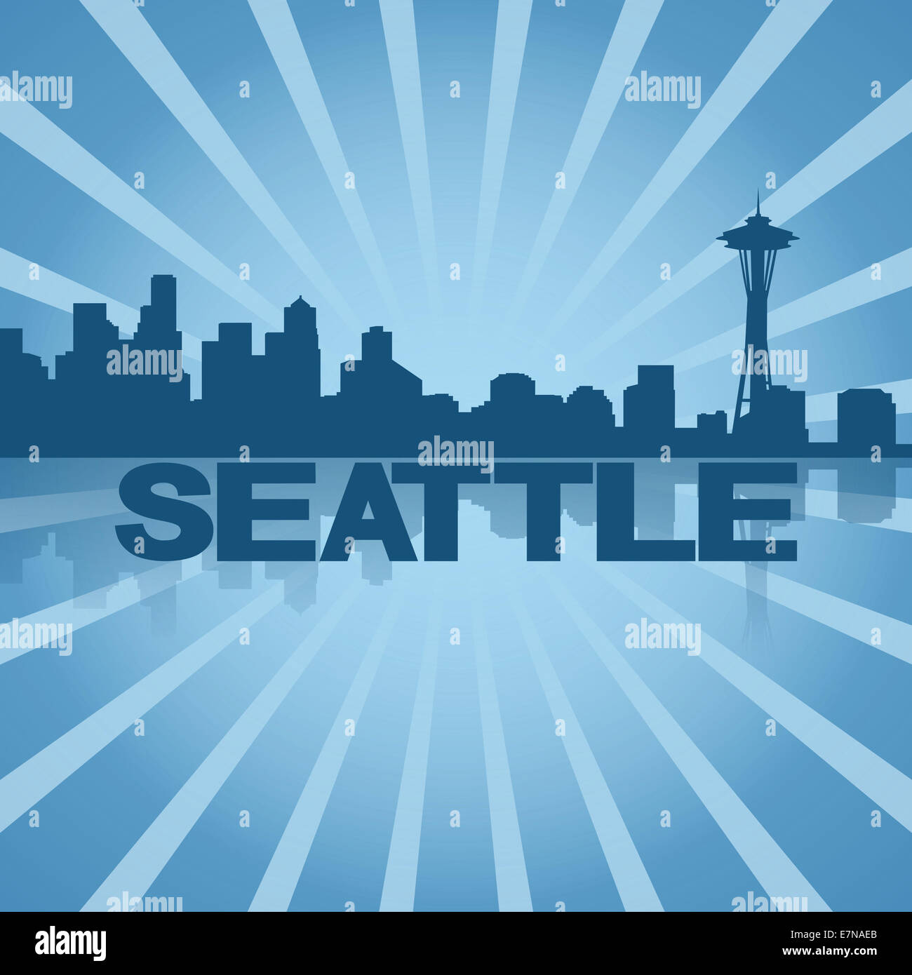 Seattle skyline reflected with blue sunburst illustration Stock Photo ...