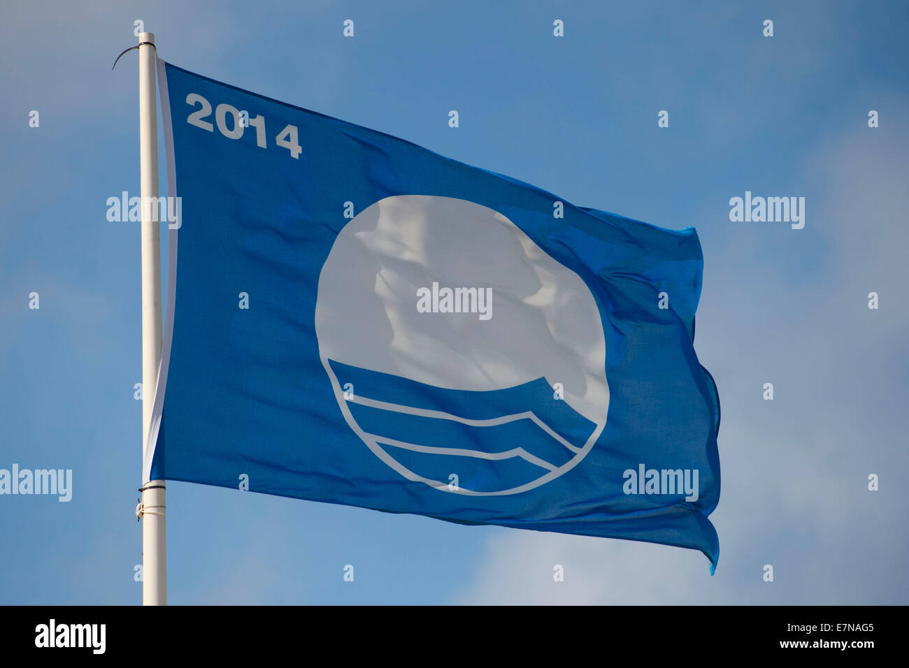 A Blue Flag on a beach - the blue flag is a voluntary eco-label awarded ...