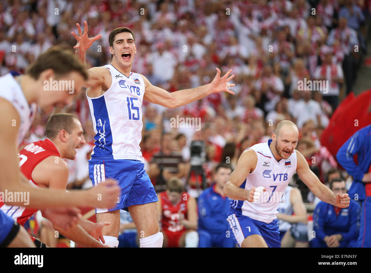 Lodz, Poland. 18th Sep, 2014. (L-R) Dmitriy Ilinykh, Nikolay Pavlov (RUS) Volleyball : Dmitriy ...