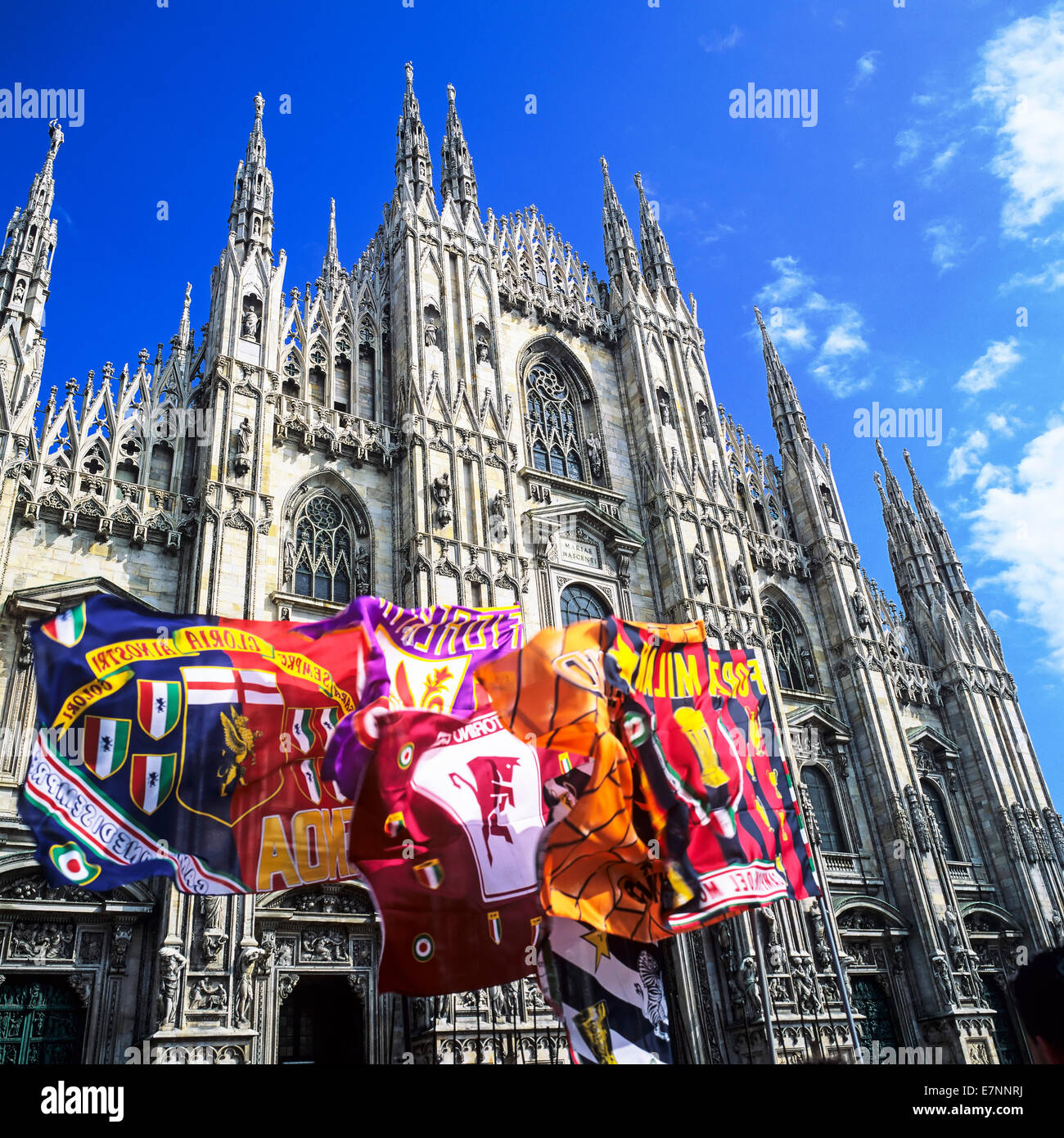 Flags and Duomo cathedral Milan Lombardy Italy Stock Photo - Alamy