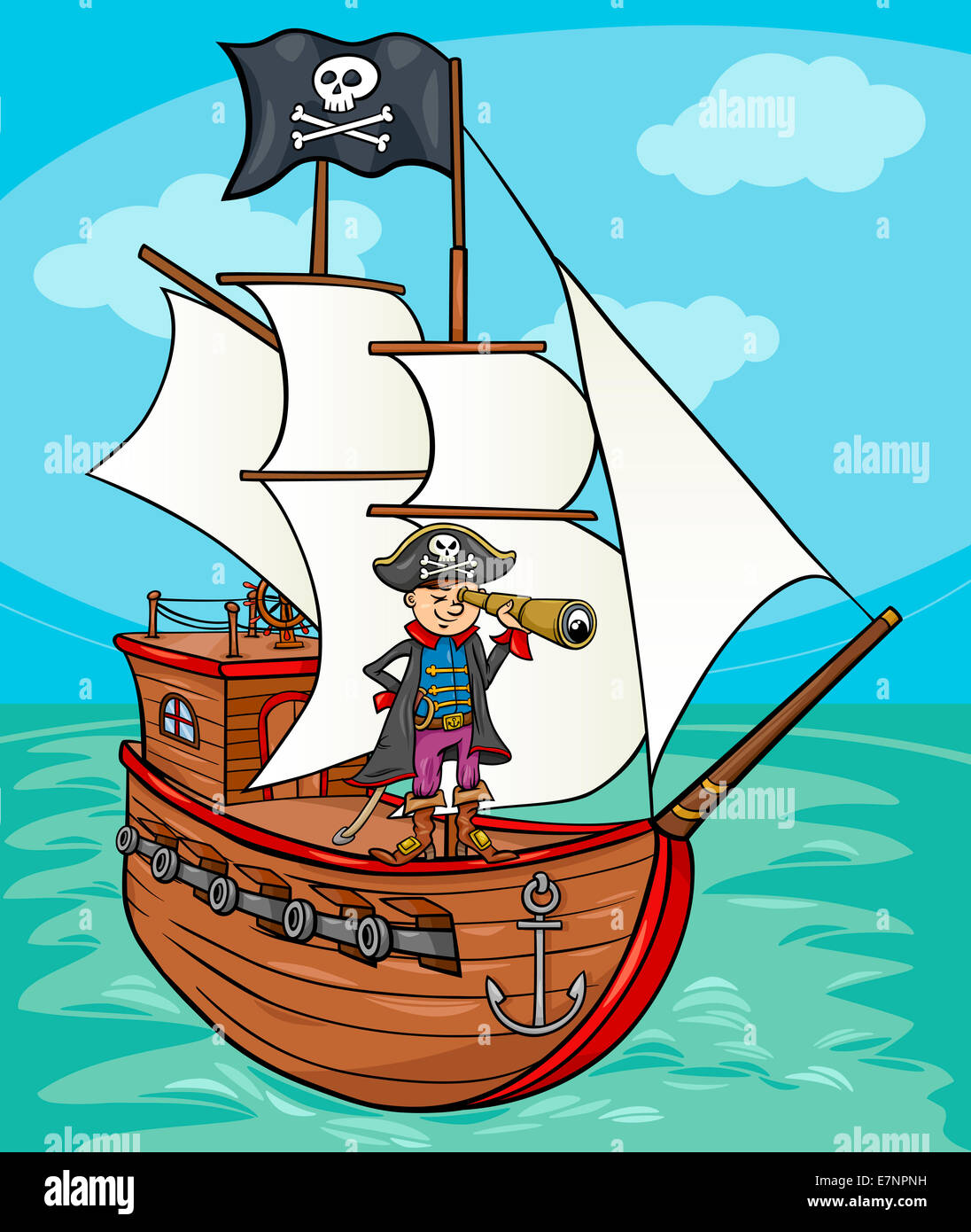 Cartoon Illustration of Funny Pirate Captain with Spyglass and Ship ...