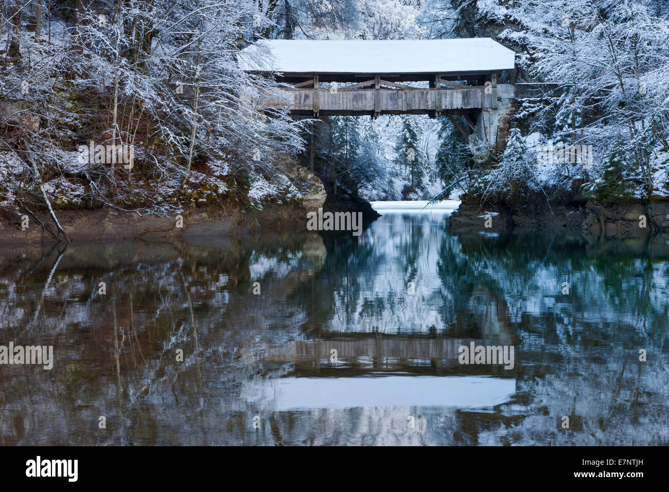 Lac de Montbovon, Switzerland, Europe, canton Freiburg, bridge, wooden ...