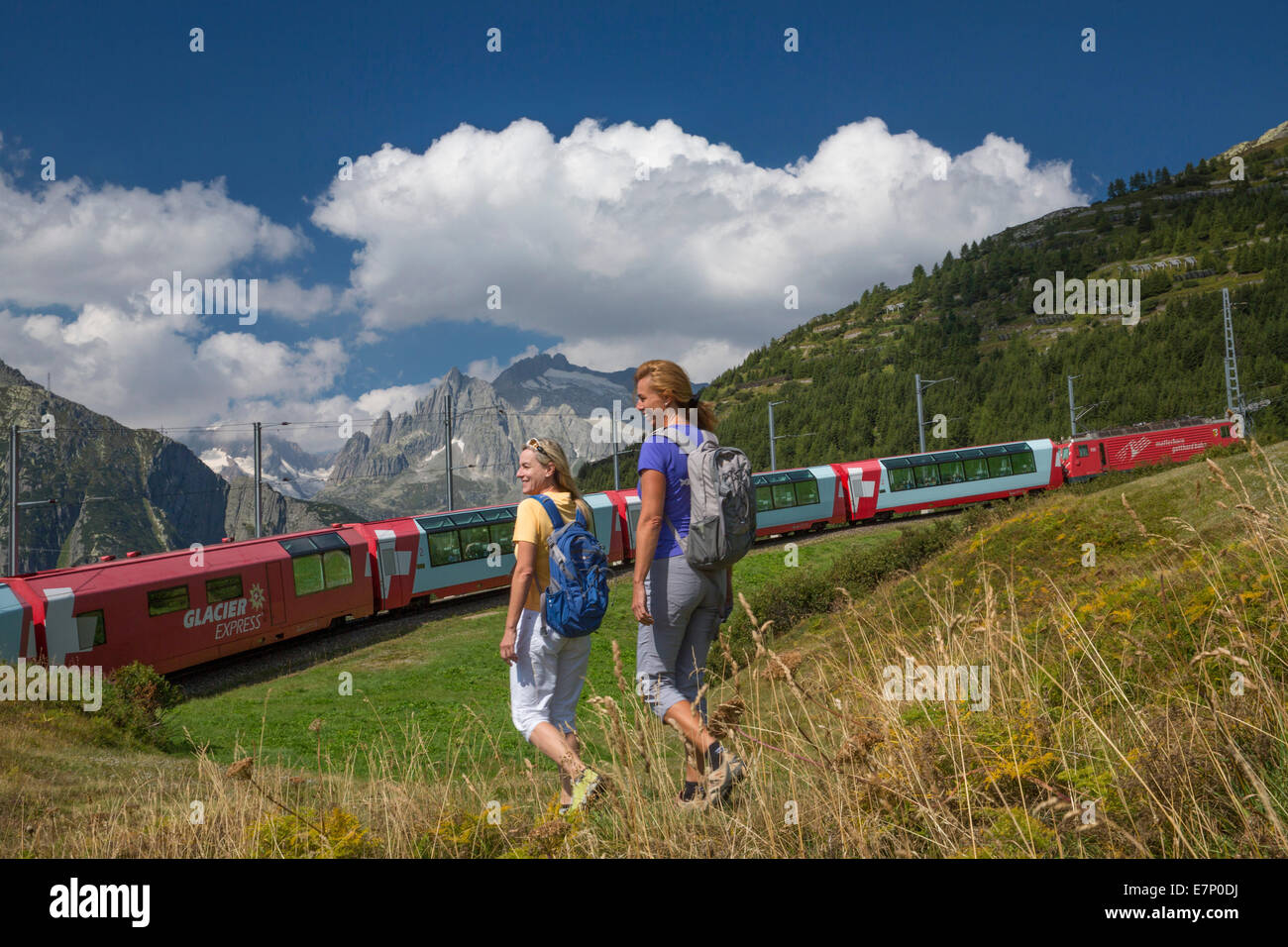 Walking, Hiking, Oberalp pass, UR, railway, train, railroad, footpath ...