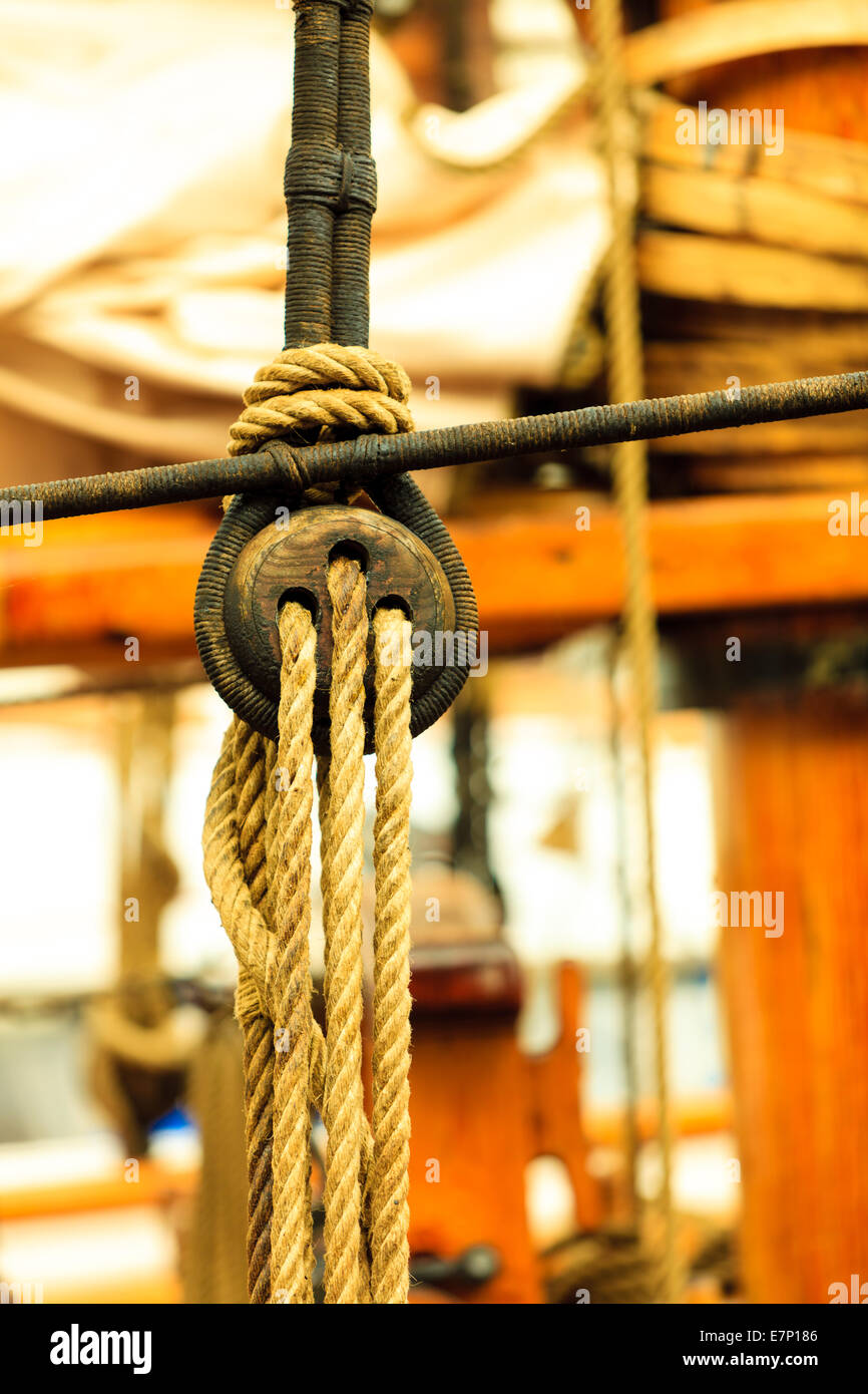 Yachting. Sailboat view of different parts of yacht, block with rope ...