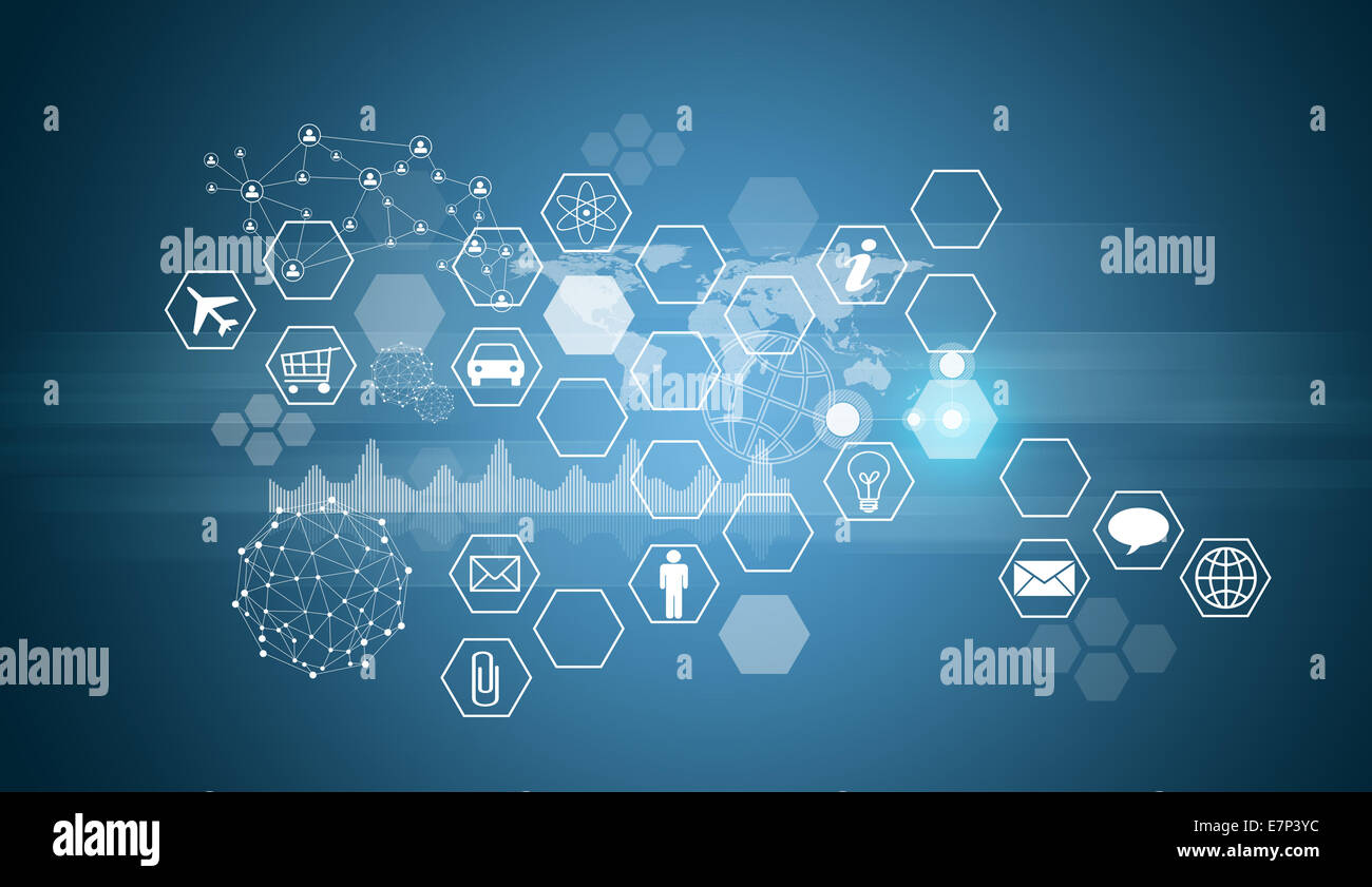 Hexagons with icons and glow circle Stock Photo - Alamy