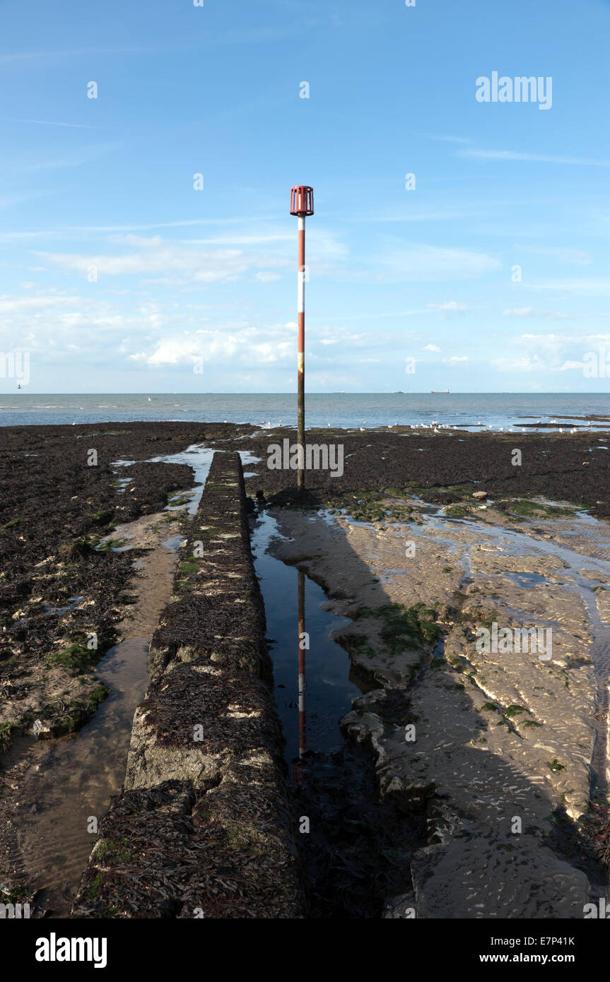 A groyne and rock pools at low tide on the foreshore, Margate ,Kent ...