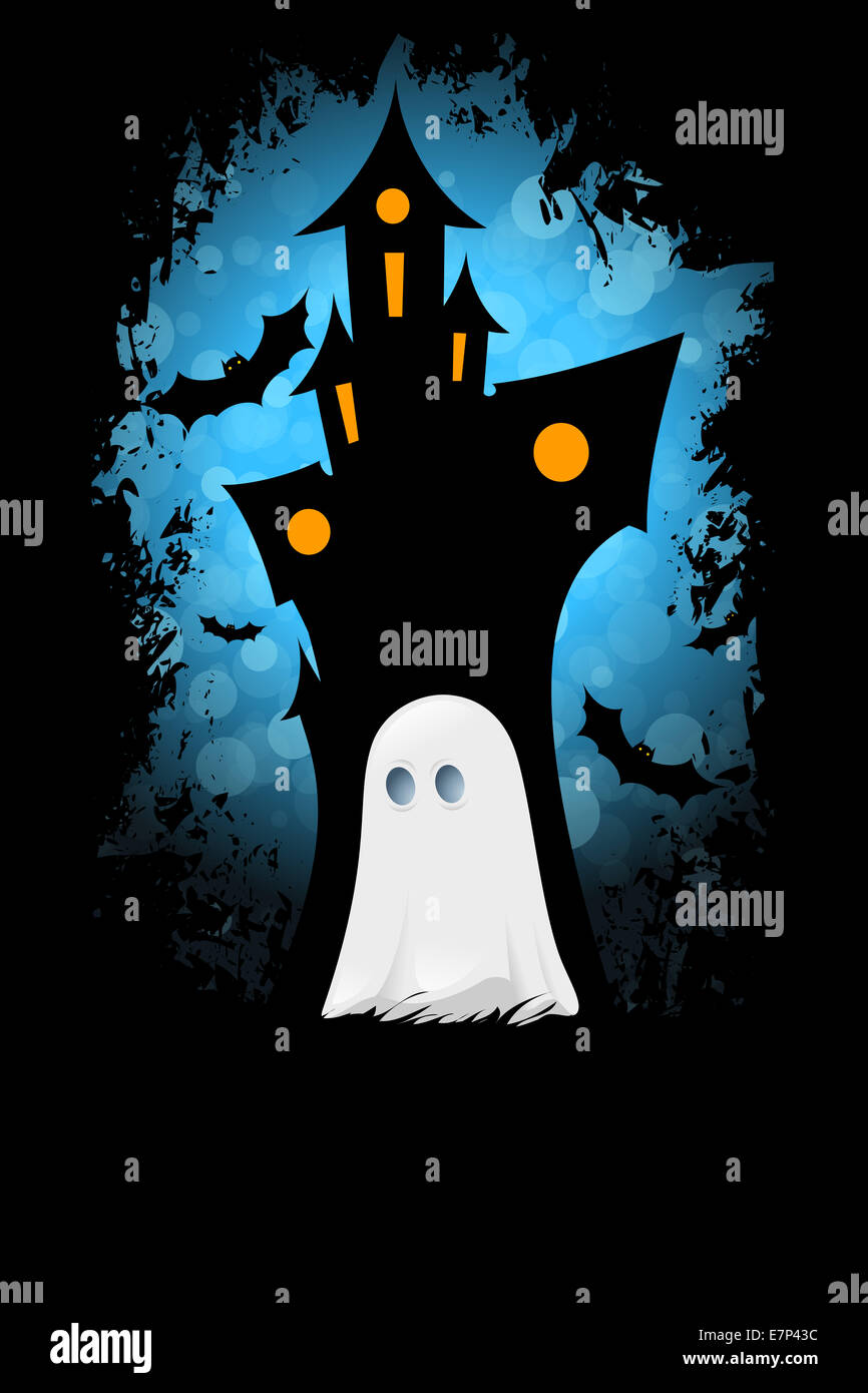 Grungy Halloween Card with Moon, Haunted House, Ghost and Bats Stock ...