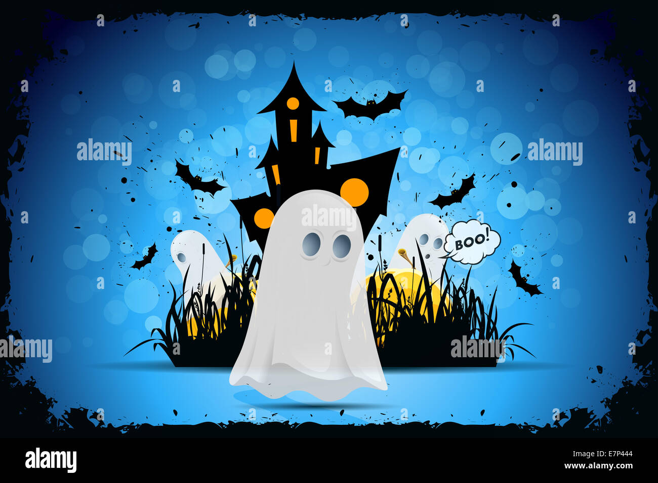 Grungy Halloween Background with Castle, Ghost and Pumpkins Stock Photo ...
