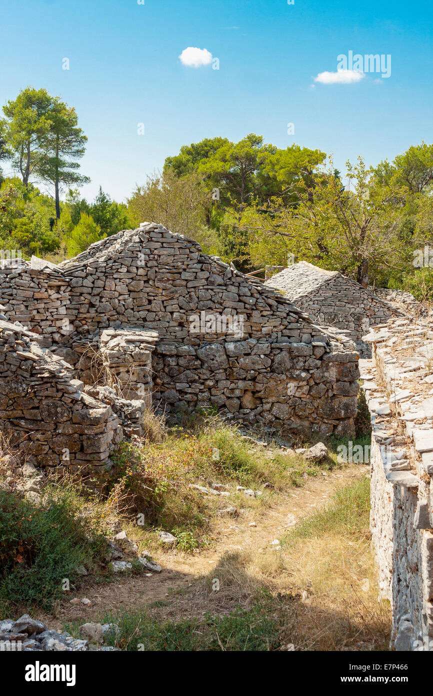 Stone buildings in deserted Humac village, Hvar island, Croatia Stock ...