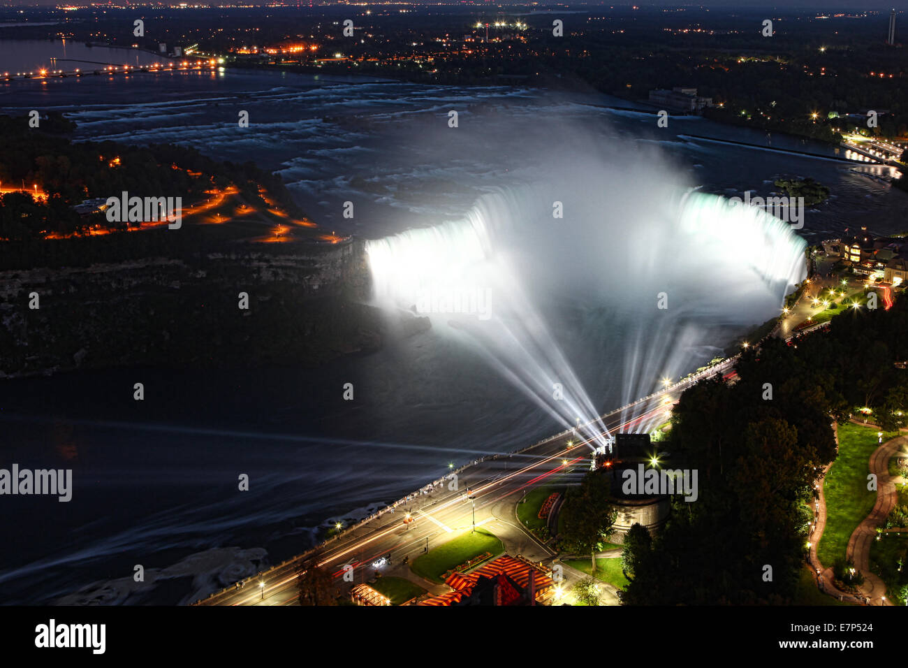 An aerial night view of Niagara Falls at night with illumination Stock ...
