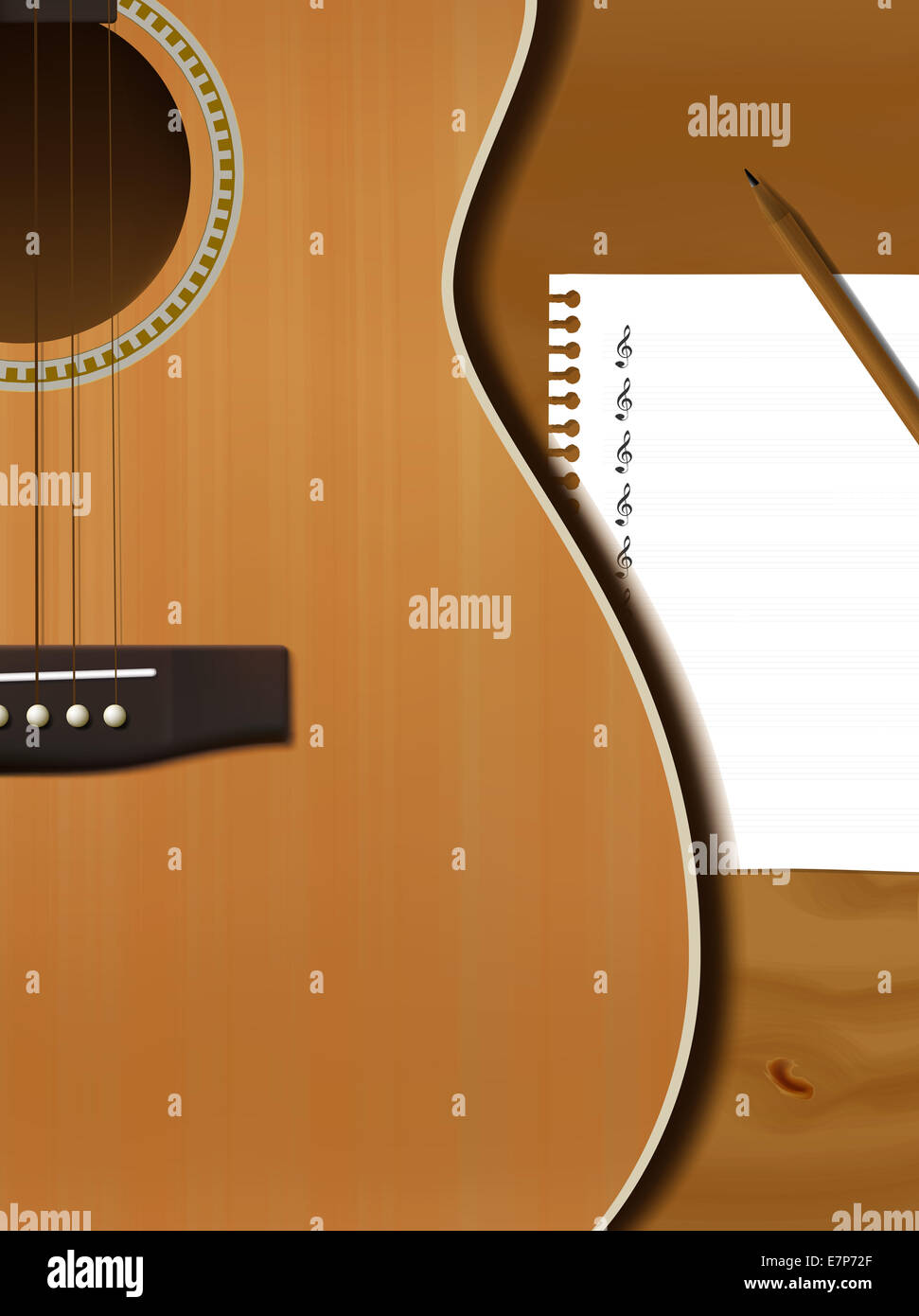 Guitar and musical paper notes on table Stock Photo - Alamy