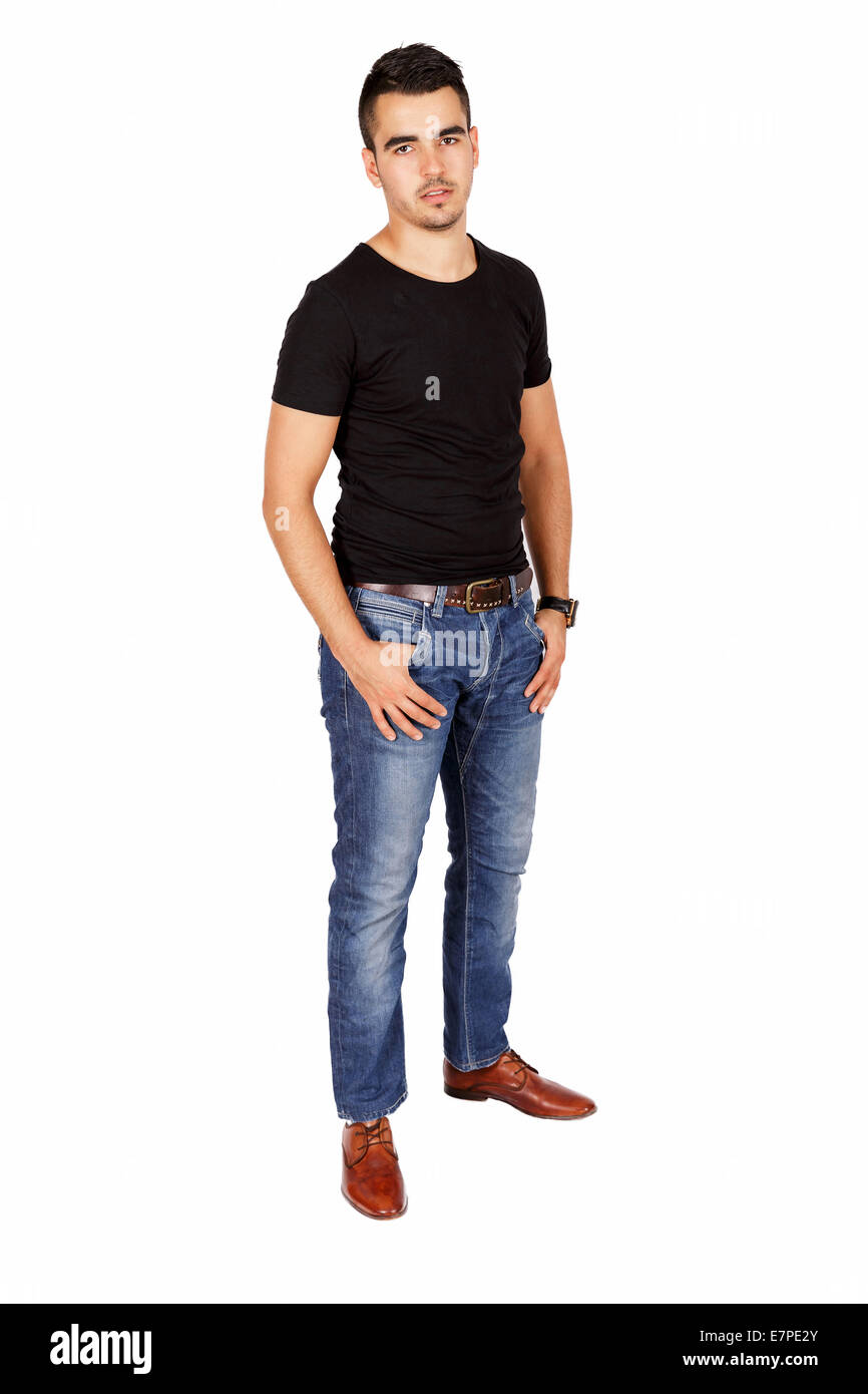 Young man seriously looking forward on white background Stock Photo - Alamy