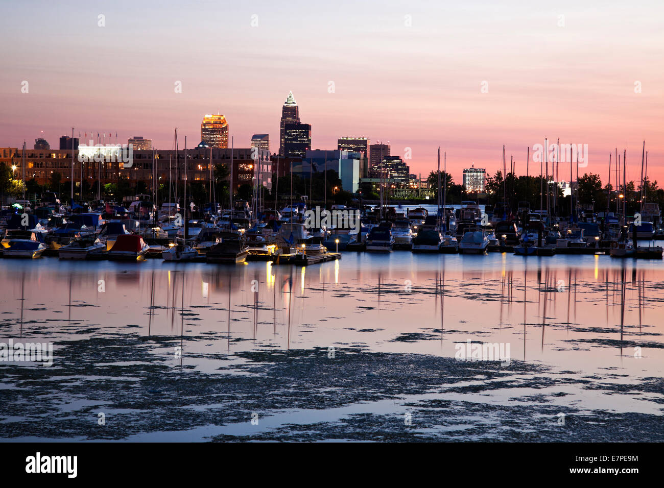 USA, Ohio, Cleveland, Cityscape and marina seen from lake Erie Stock ...
