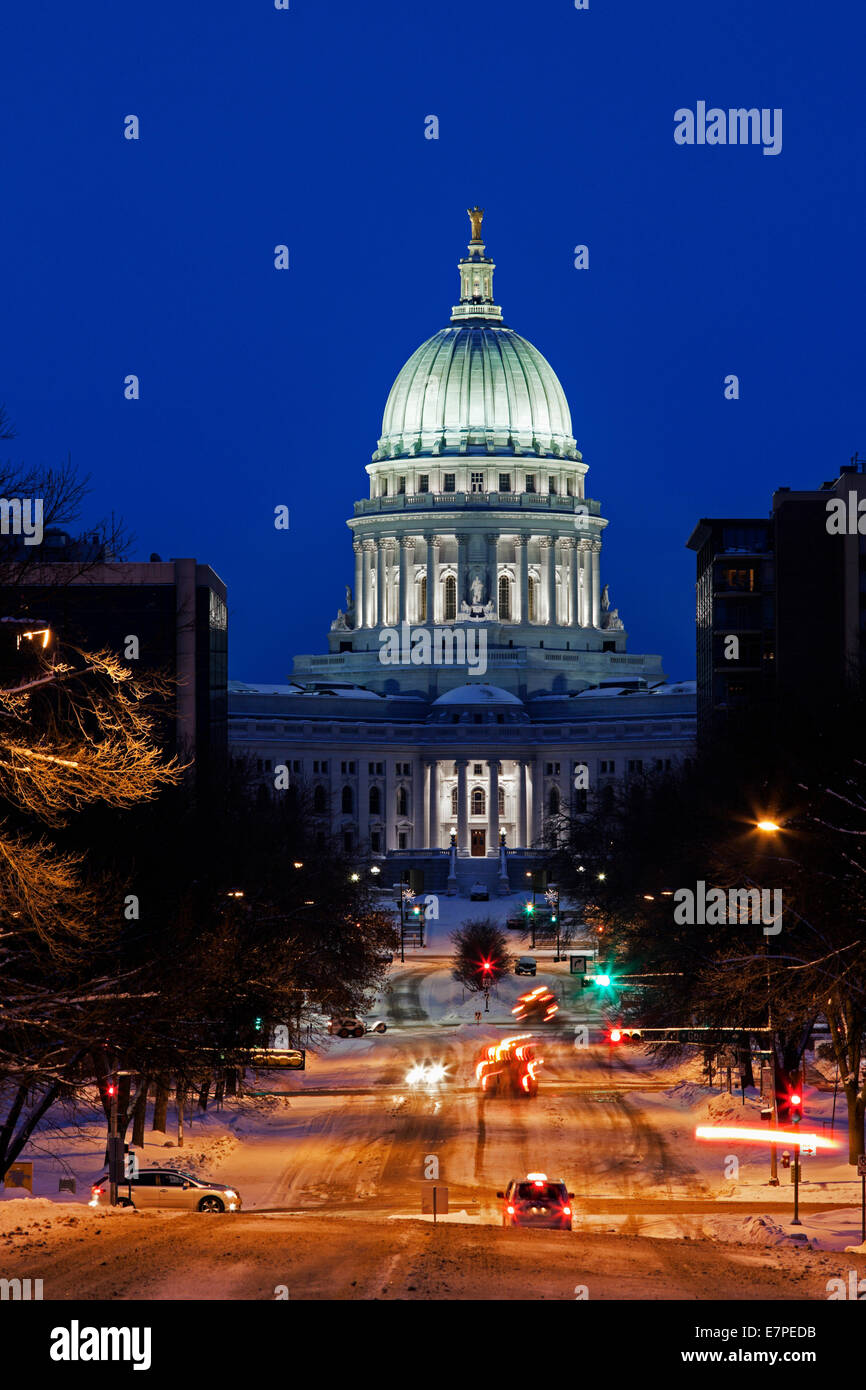 USA, Wisconsin, Madison, Illuminated State Capitol Building Stock Photo ...